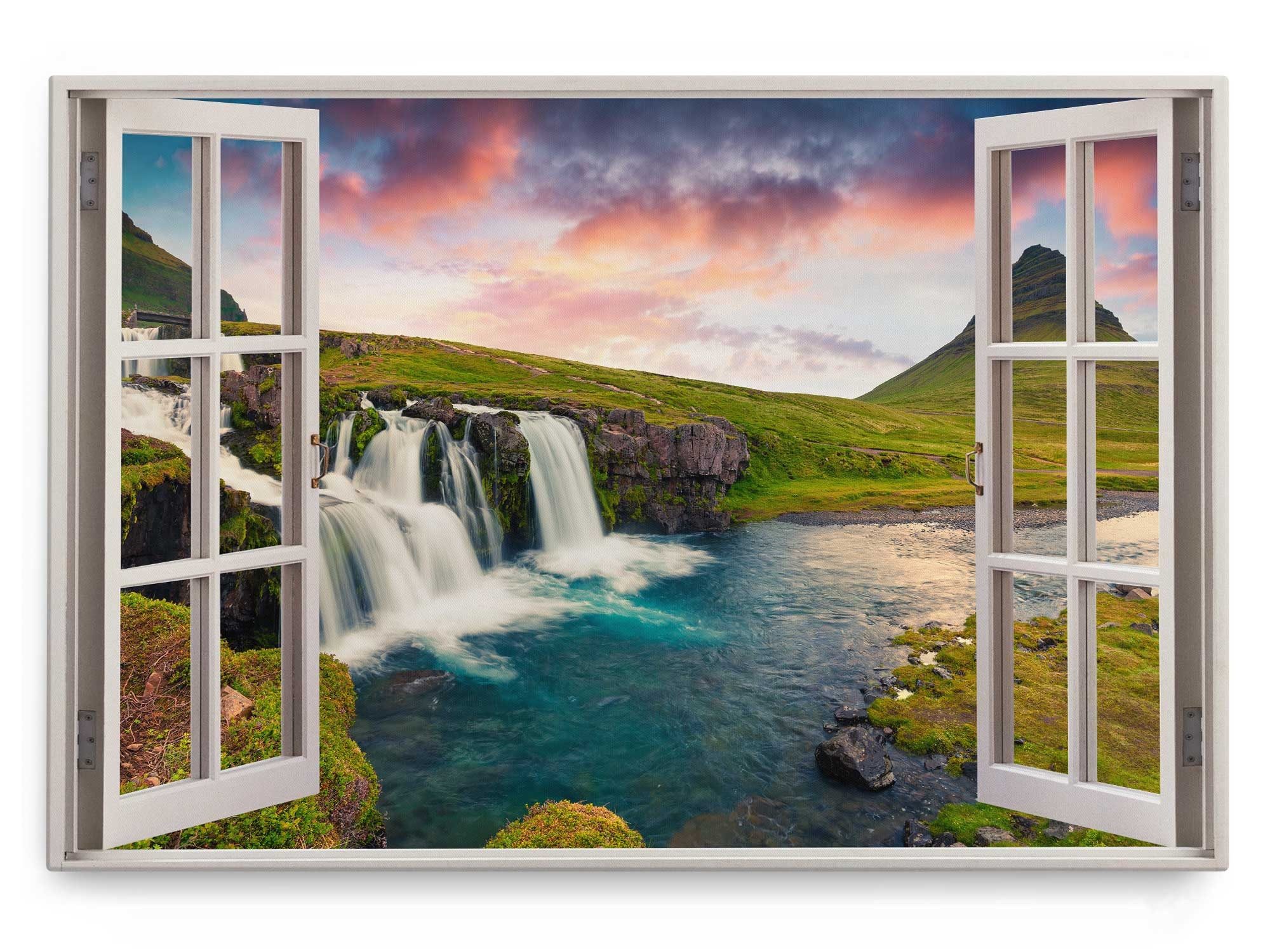 Sinus Art Leinwandbild Wandbild 120x80cm Fensterbild Natur Berge Wasserfall Island Grün Fluss ...