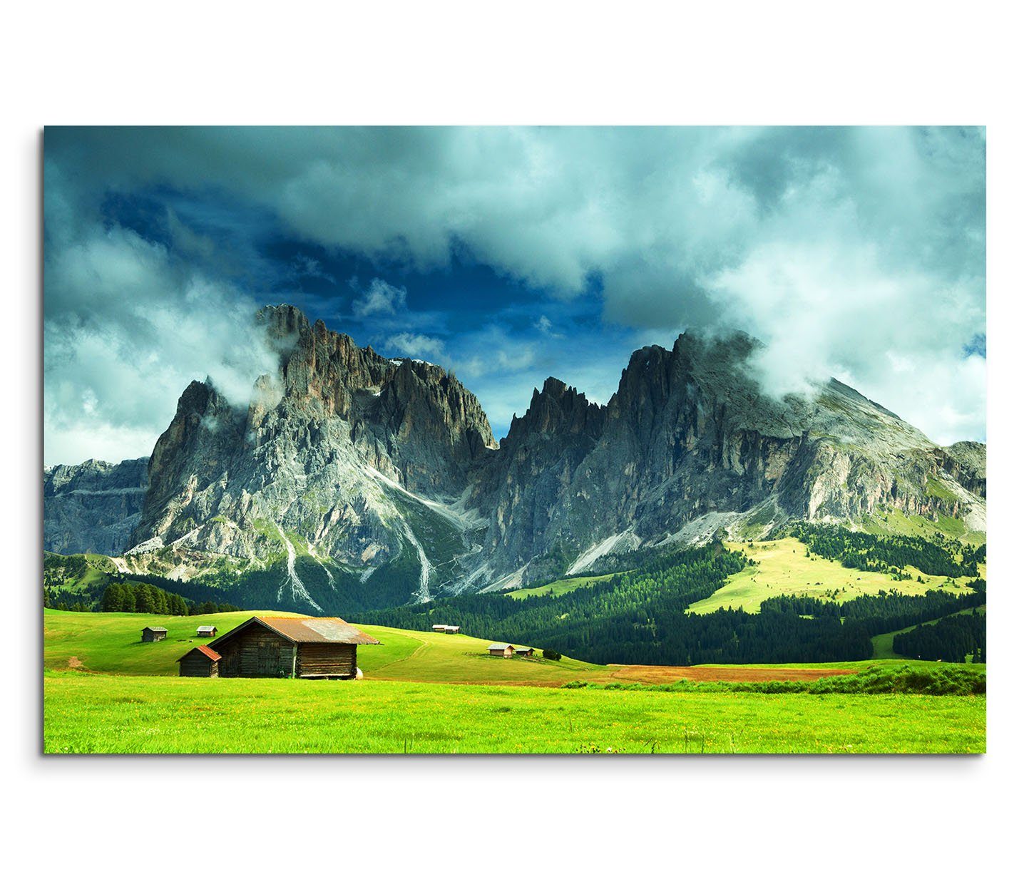 Sinus Art Leinwandbild 120x80cm Wandbild Alpen Berge Wiesen Holzhütte Wolken