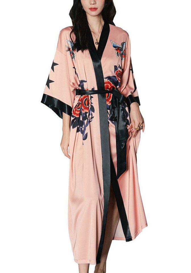Vivi Idee Morgenmantel Bademantel Schlafmantel Kimono Lang Leicht Satin