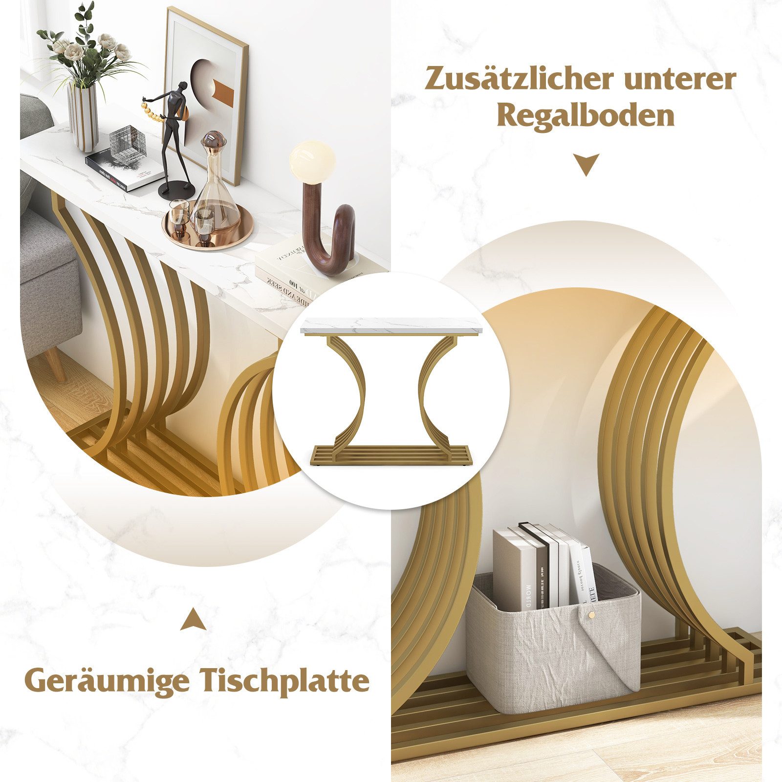 COSTWAY Konsolentisch, Gold, schmaler Flurtisch, marmor, mit Metallbeinen