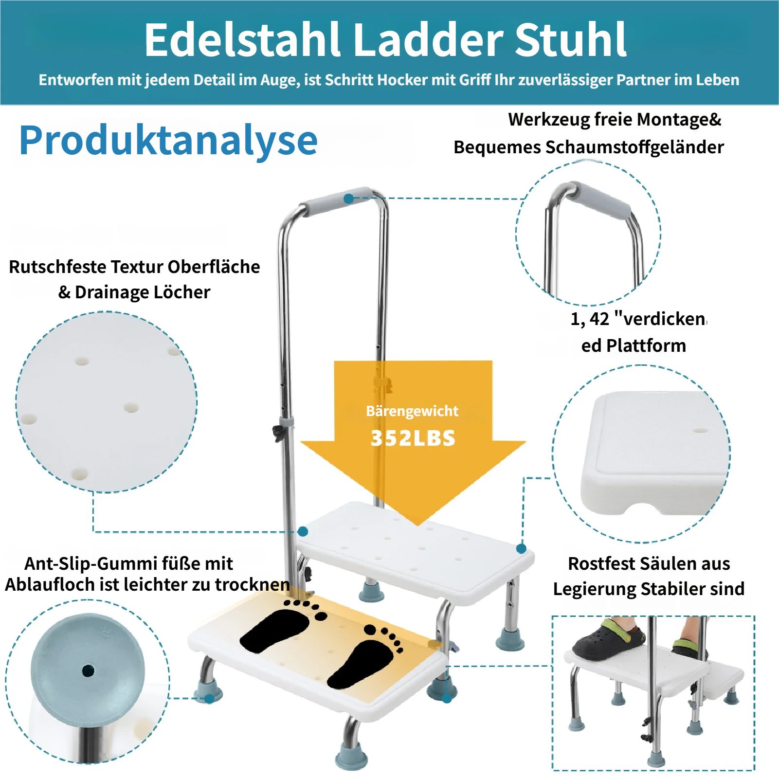 Rutaqian Klapptritt Klappleiter mit 2 Stufen,Haltegriff,6 rutschfeste ...
