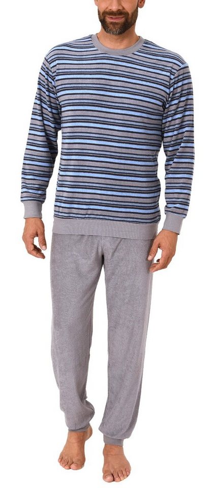 Normann Pyjama Herren Frottee Pyjama Langarm Mit Bündchen In Streifenoptik