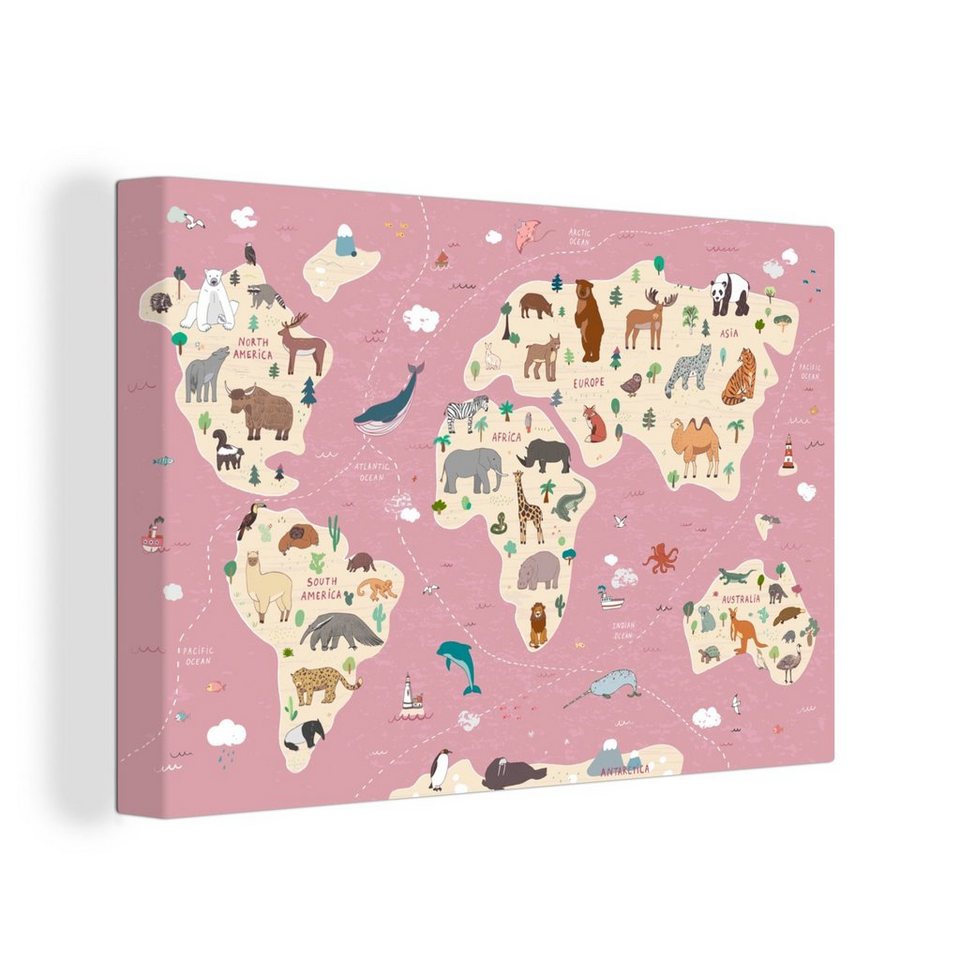 Onemillioncanvasses® Leinwandbild Weltkarte Kinder Tiere Erde