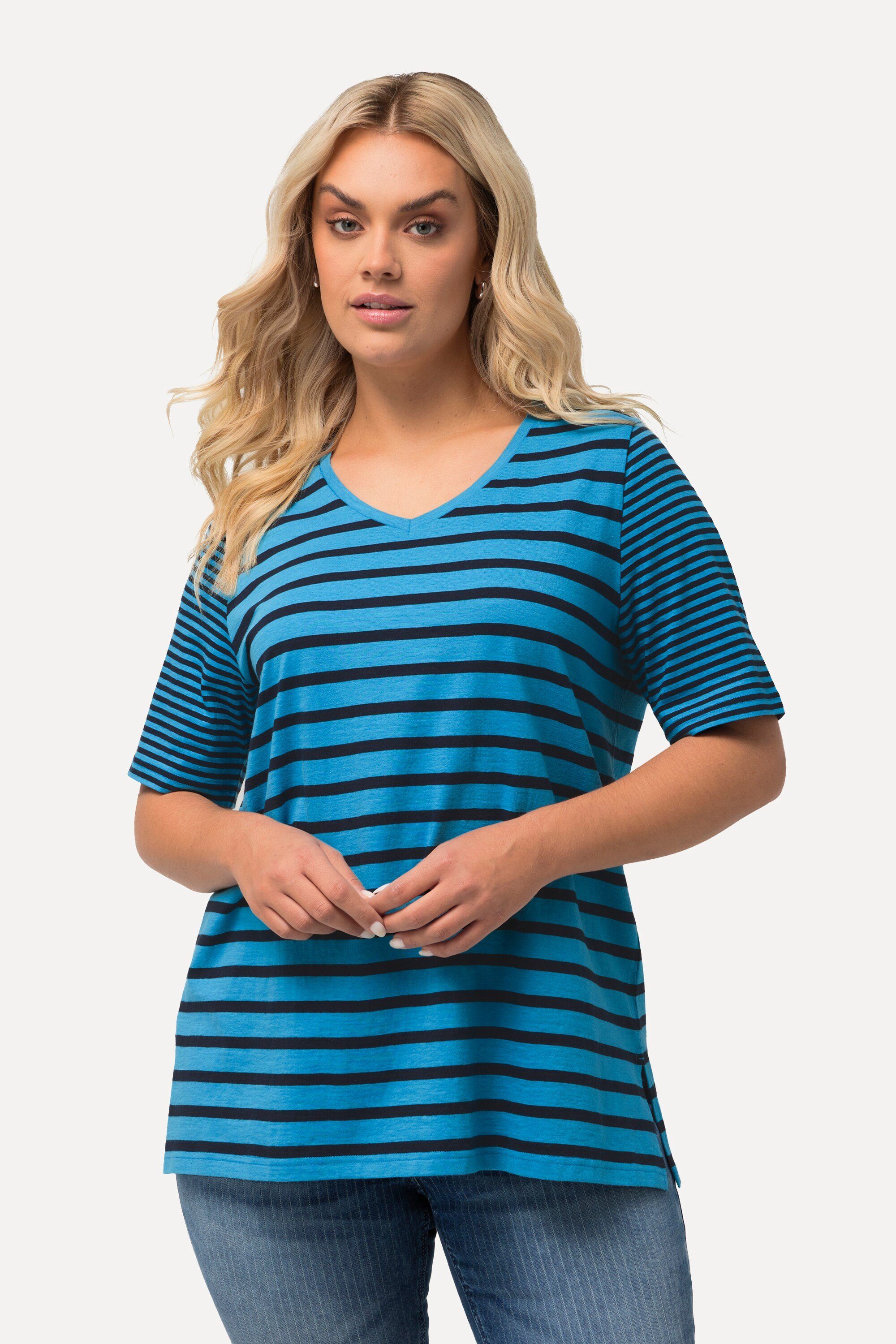 Ulla Popken Rundhalsshirt Shirt Ringelmix A Linie V Ausschnitt Halbarm