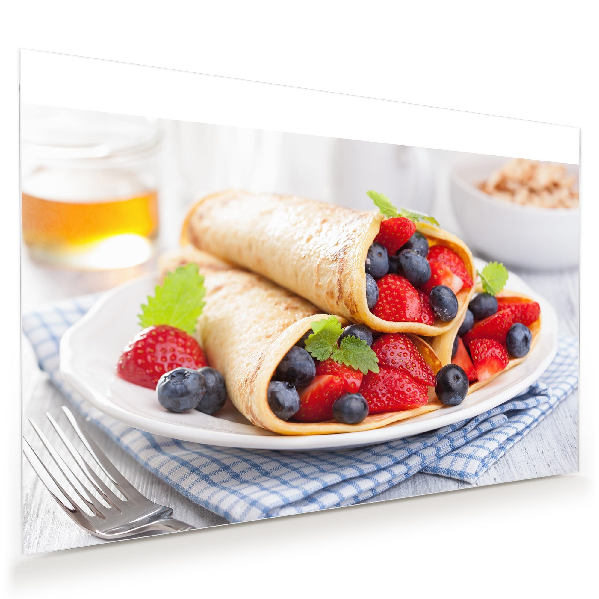 Primedeco Glasbild Wandbild Pfannkuchen Mit Beeren Mit Aufhängung Früchte