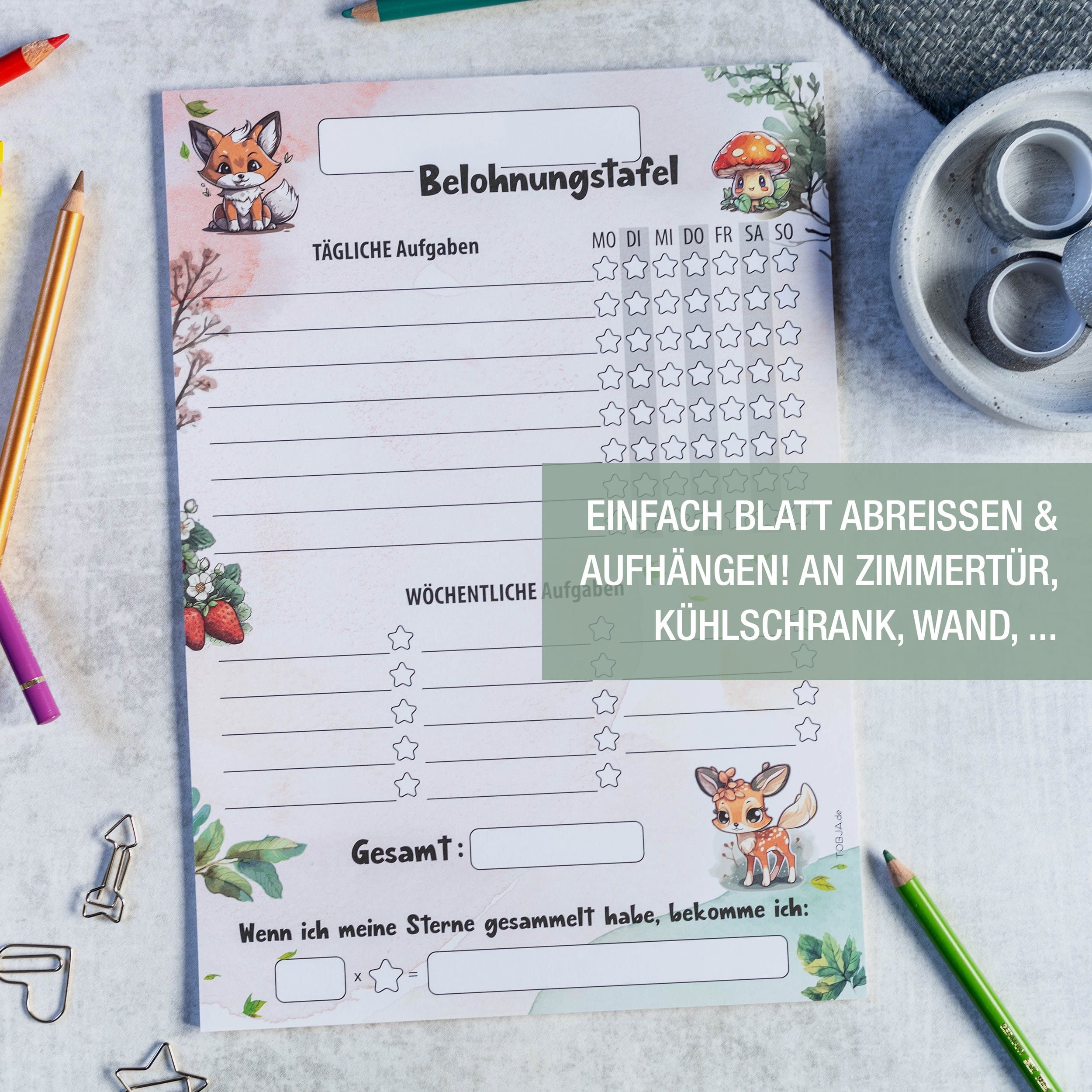 TOBJA Notizblock Belohnungstafel Kinder A4 Block Waldtiere, Motiviert ...