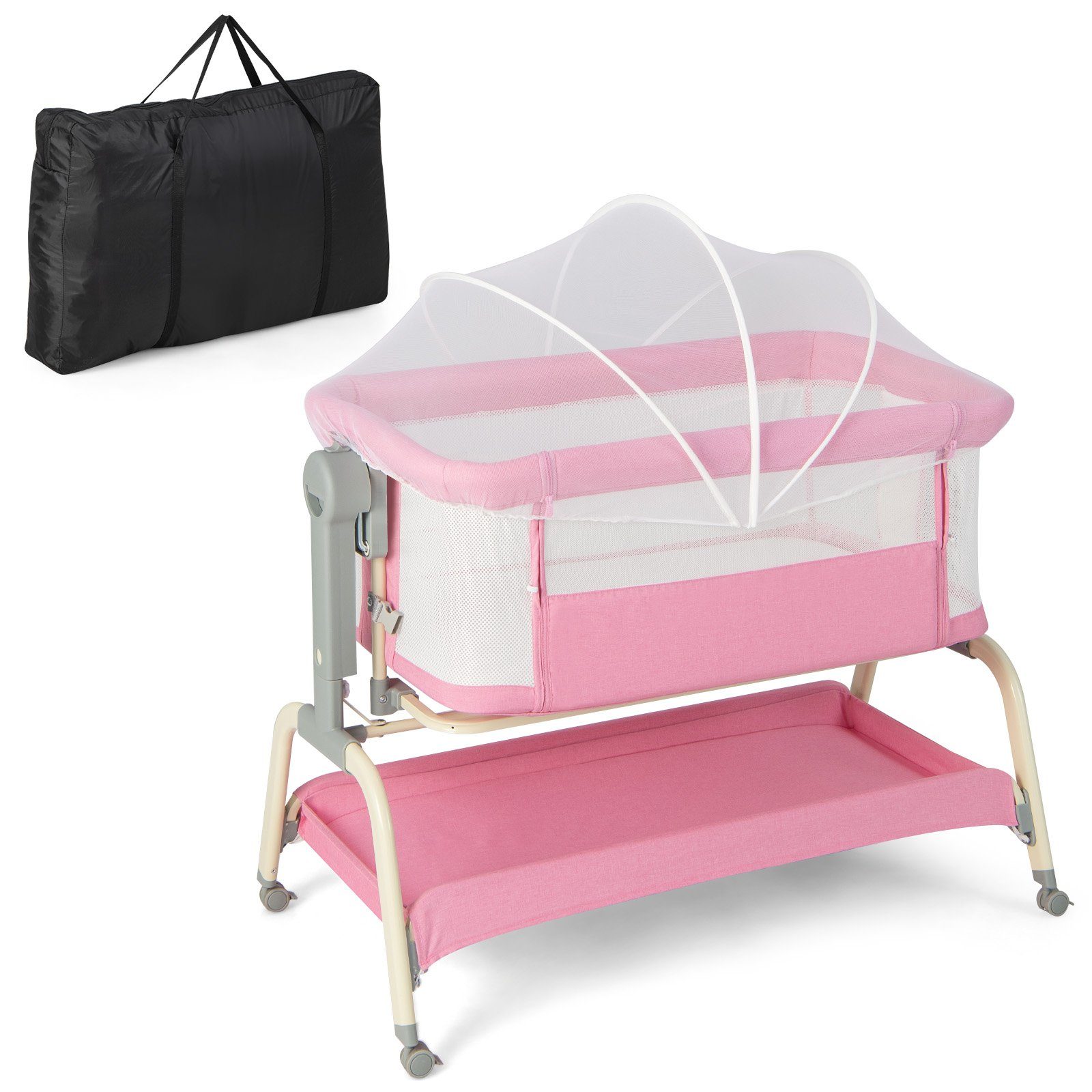 COSTWAY Baby-Reisebett 4 in 1 Beistellbett, 6 fach höhenverstellbar