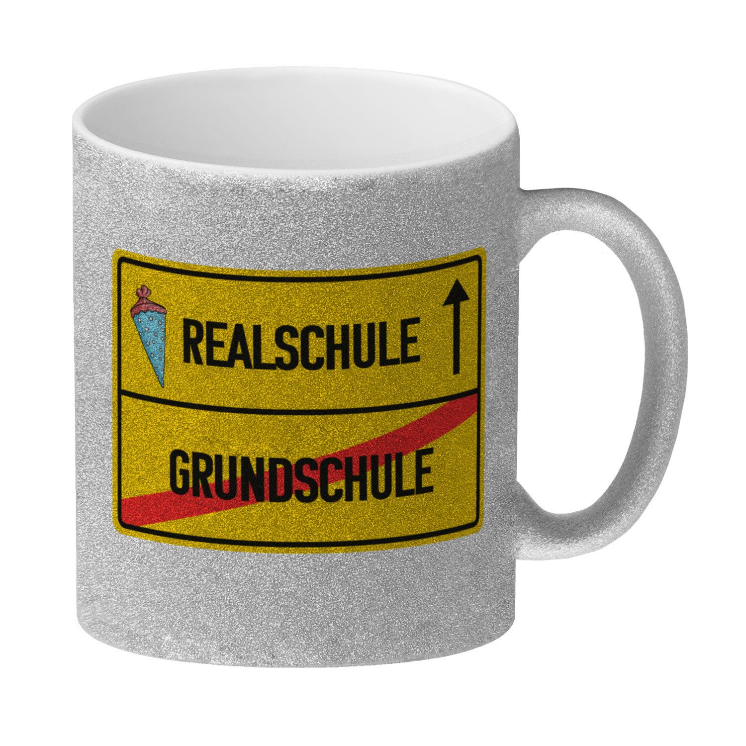 speecheese Tasse Realschule Ortsschild Glitzer-Kaffeebecher zur Einschulung