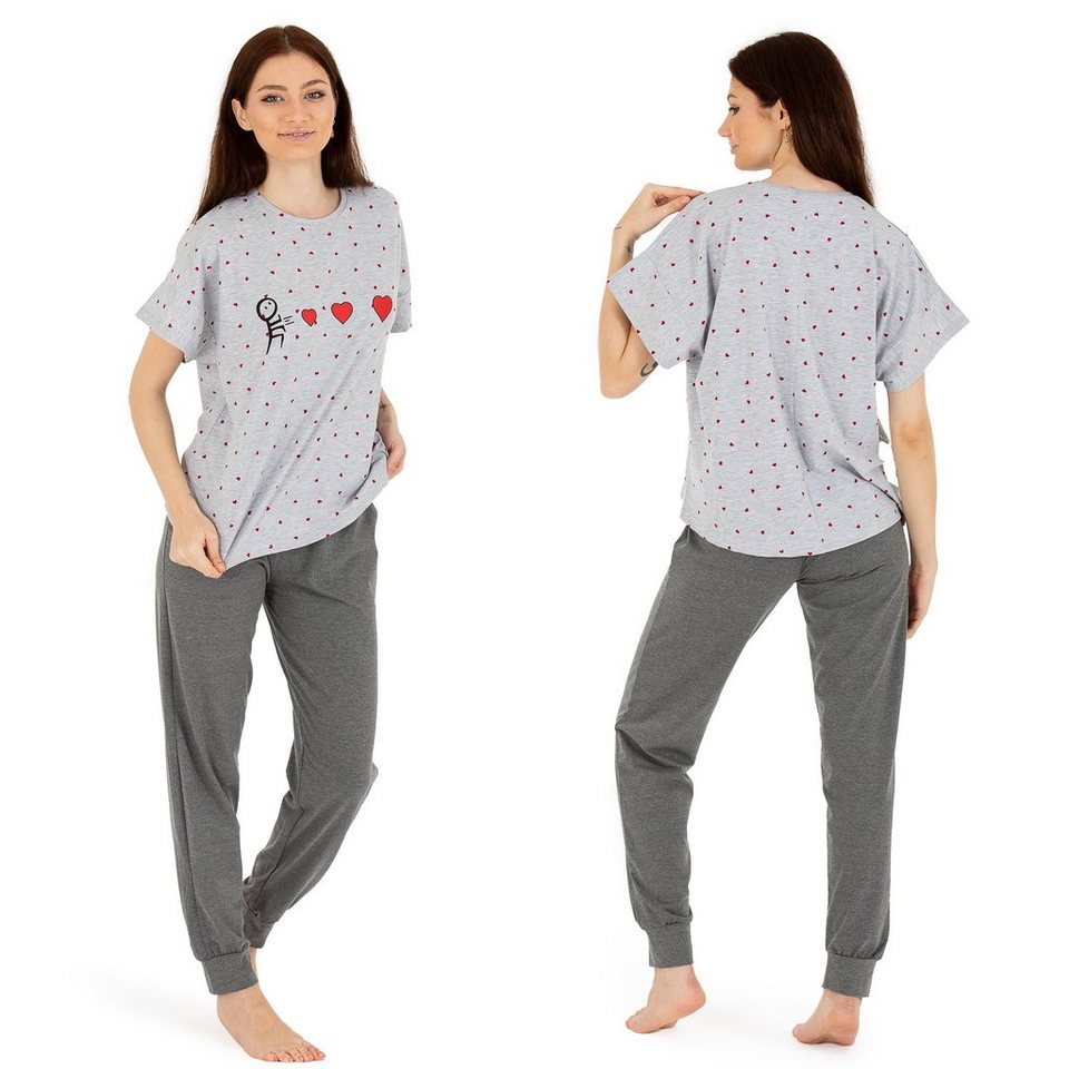 Loreza Schlafanzug Damen Pyjama Herz Kurzarm Schlafanzug Hausanzug