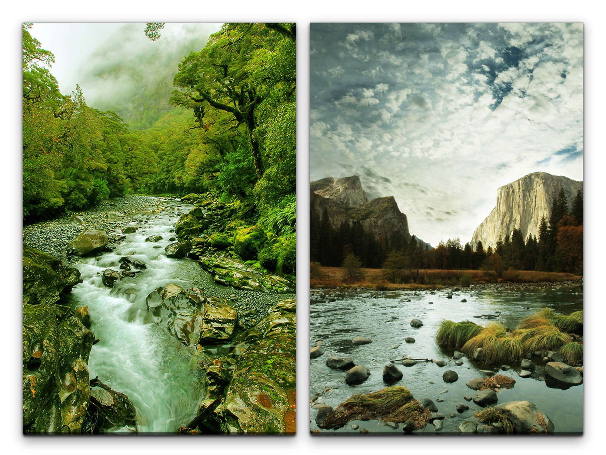 Sinus Art Leinwandbild 2 Bilder Je 60x90cm Bach Natur Berge Wald Grün