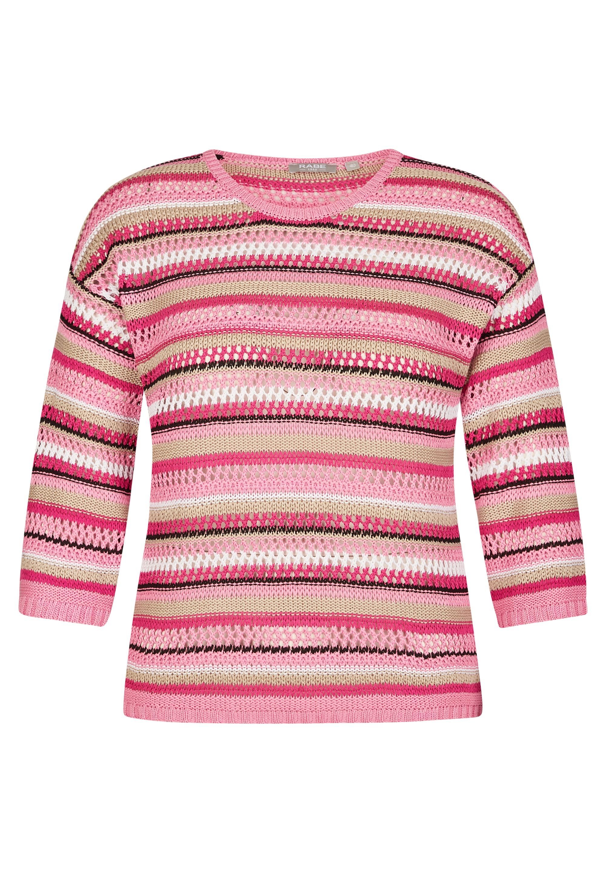 Rabe Strickpullover RABE Pullover pink gestreift in edlem Bändchengarn-Strickmuster
