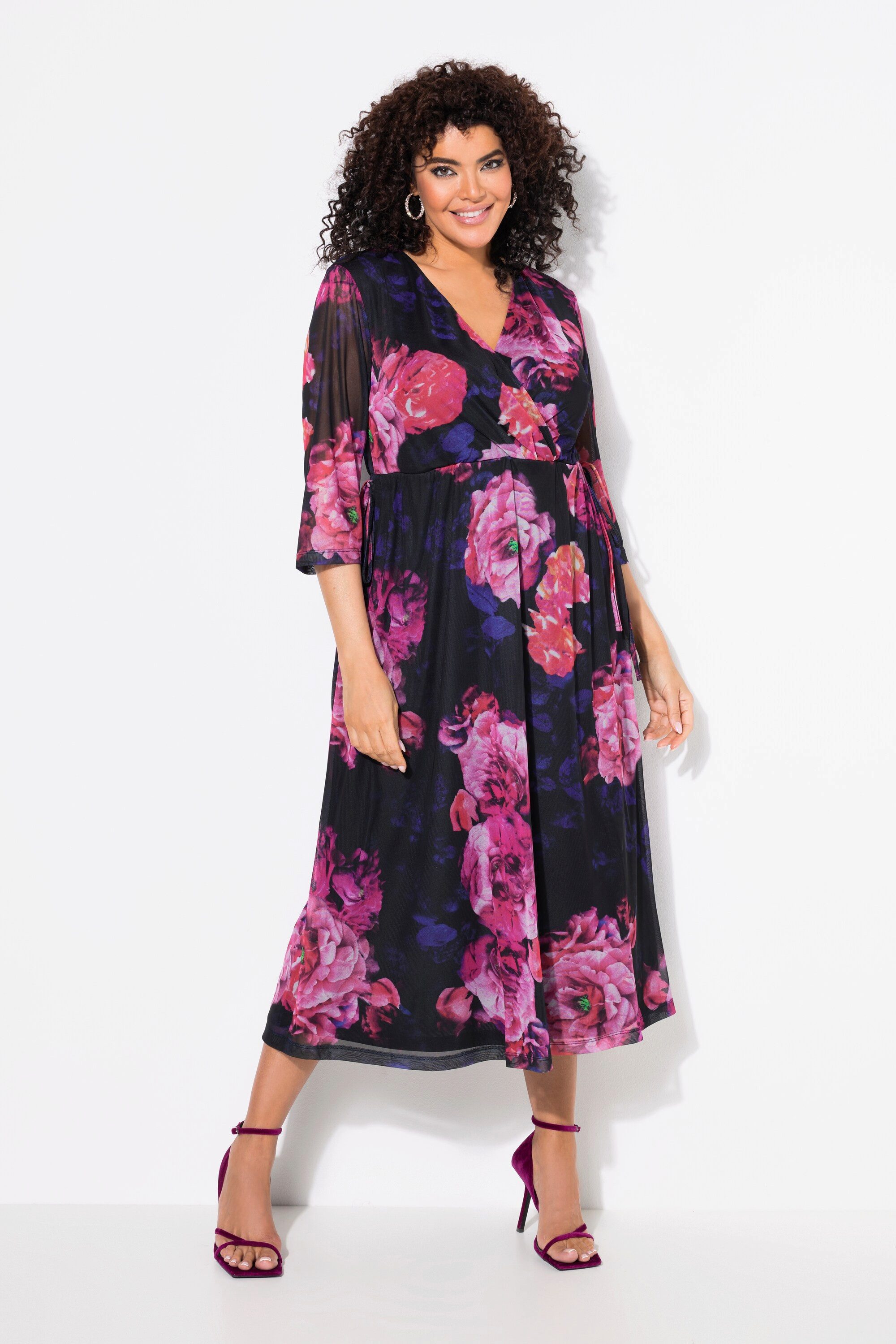Ulla Popken Abendkleid Mesh Maxikleid Blüten V Ausschnitt Flügel Halbarm