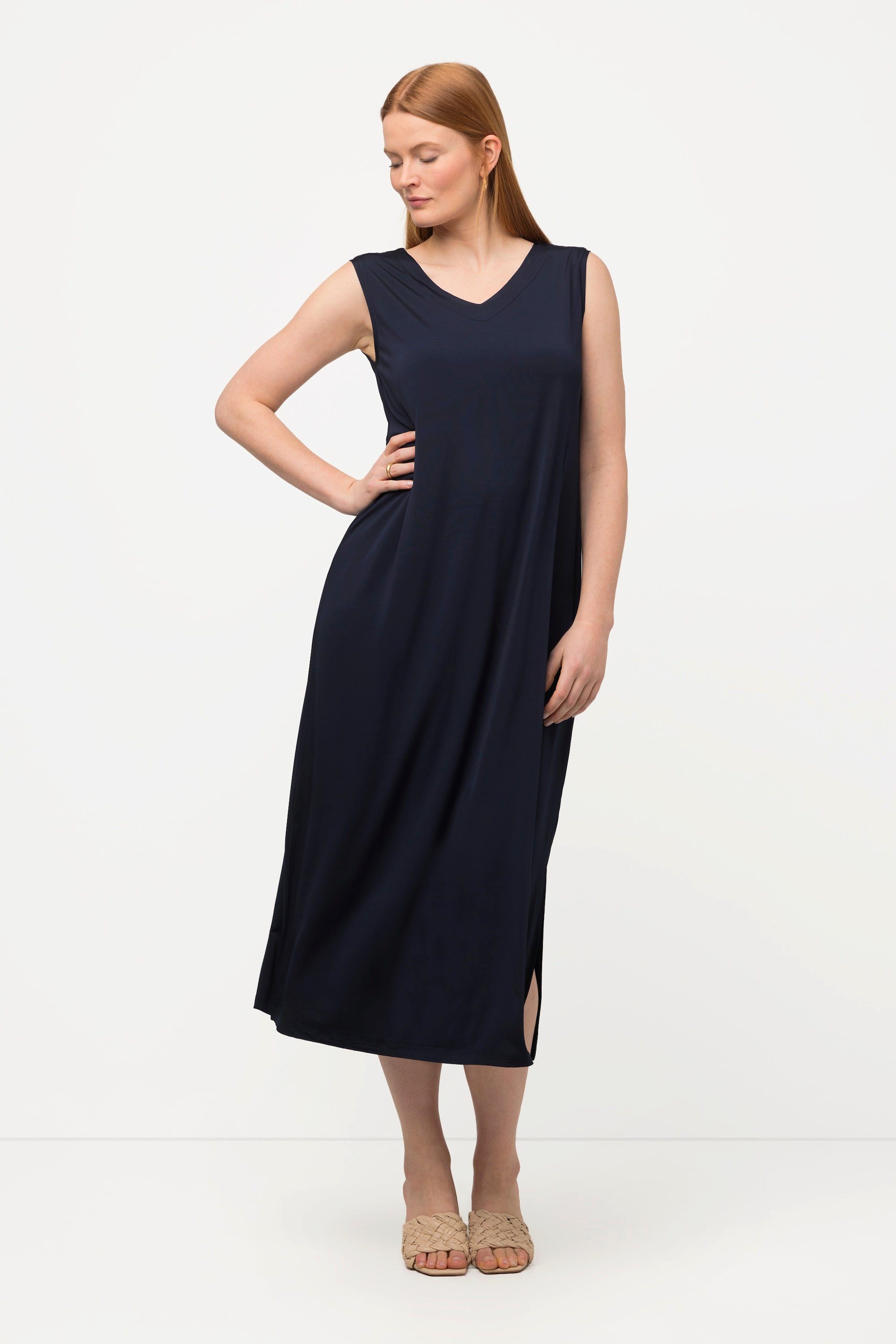 Ulla Popken Jerseykleid Slinky Midikleid A Linie V Ausschnitt ärmellos