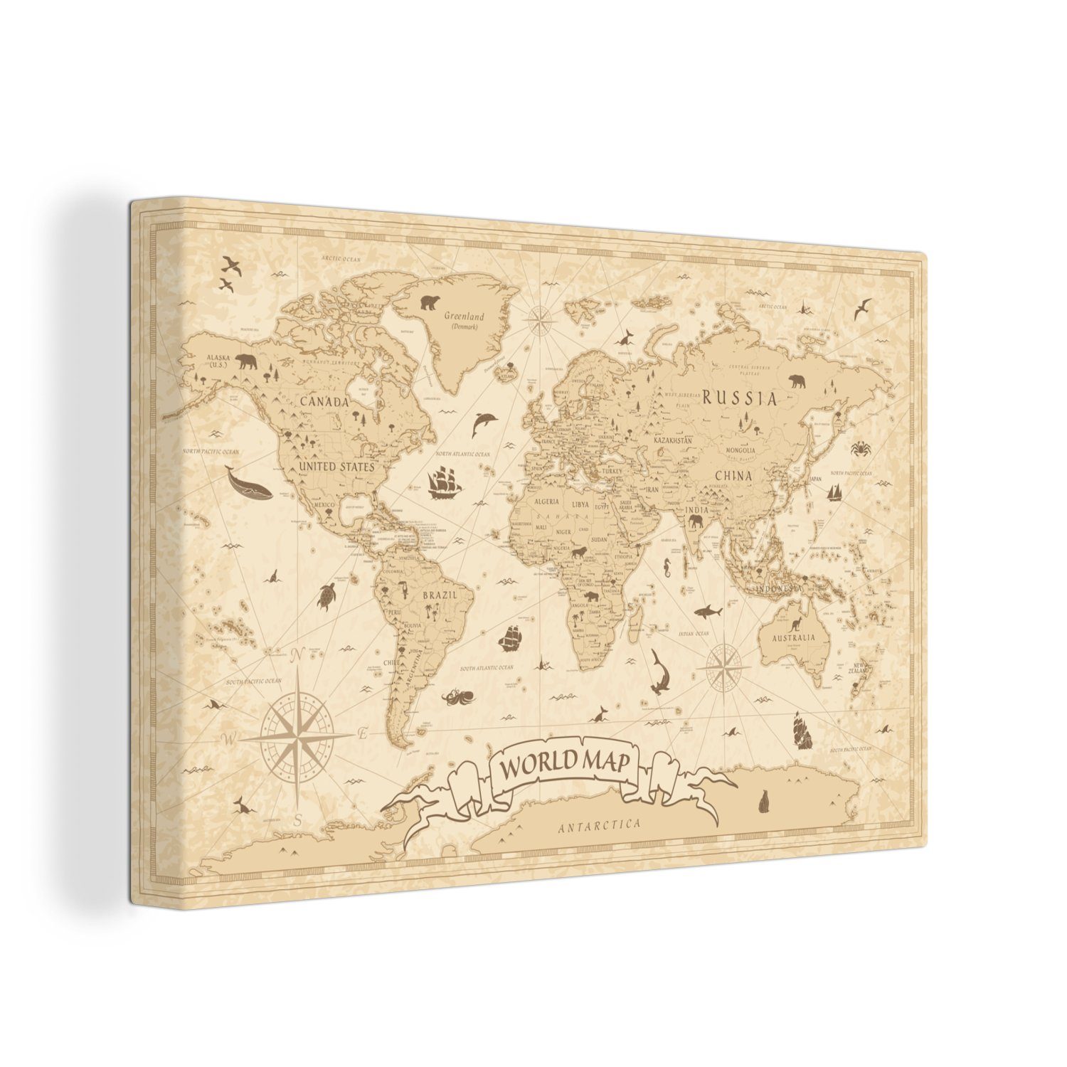 Onemillioncanvasses® Leinwandbild Weltkarte Retro Tiere 1 St