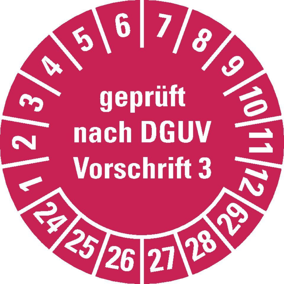König Werbeanlagen Hinweisschild Prüfplakette gepr. n. DGUV 3 NP, 24-29, rot, Folie, Ø 15mm, 420 ...