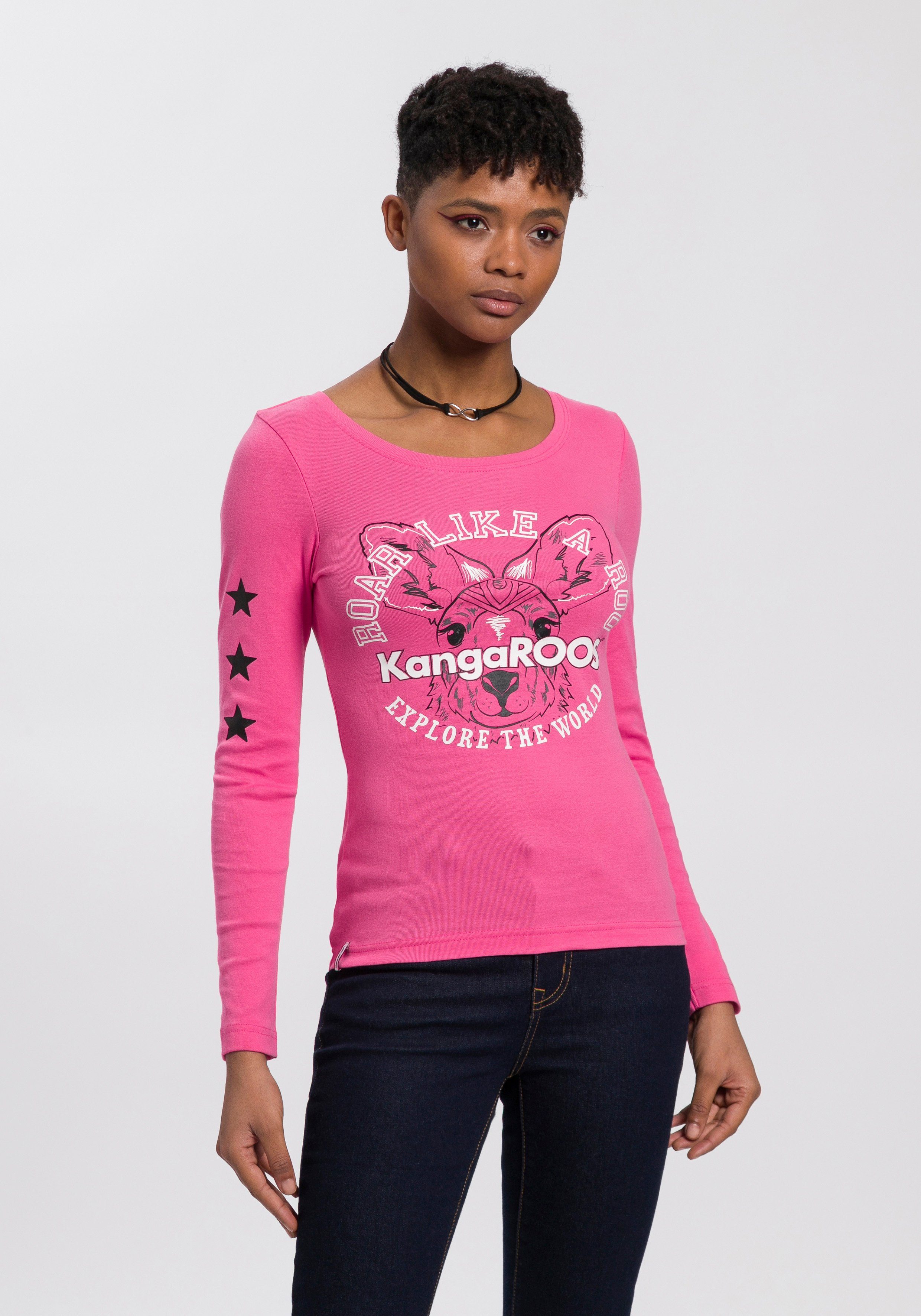 Kangaroos Langarmshirt Langarm Unifarben Mit Farbeinsatz Und Logodruck
