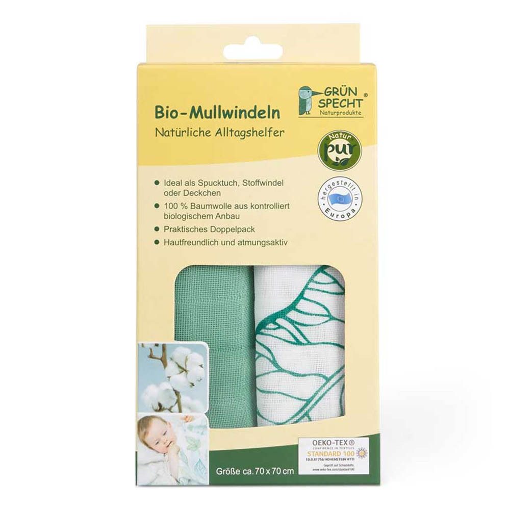 GRÜNSPECHT Stoffwindeln 2 Mullwindeln 70x70cm - Blätter, Naturprodukt