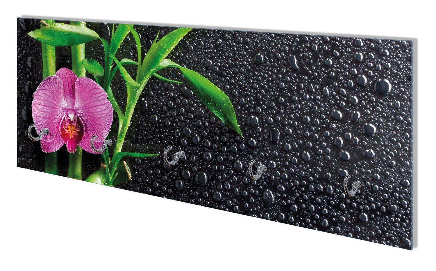 Wallario Wandgarderobe Bambus Und Pinke Orchidee Auf Schwarzem Glas Mit
