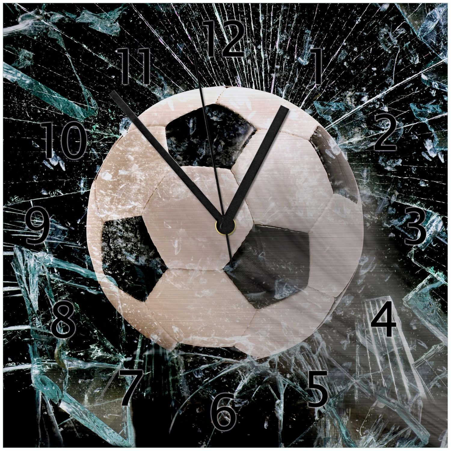 Wallario Wanduhr Fußball - im Fenster, Splitter und Glas (Aluverbunduhr)