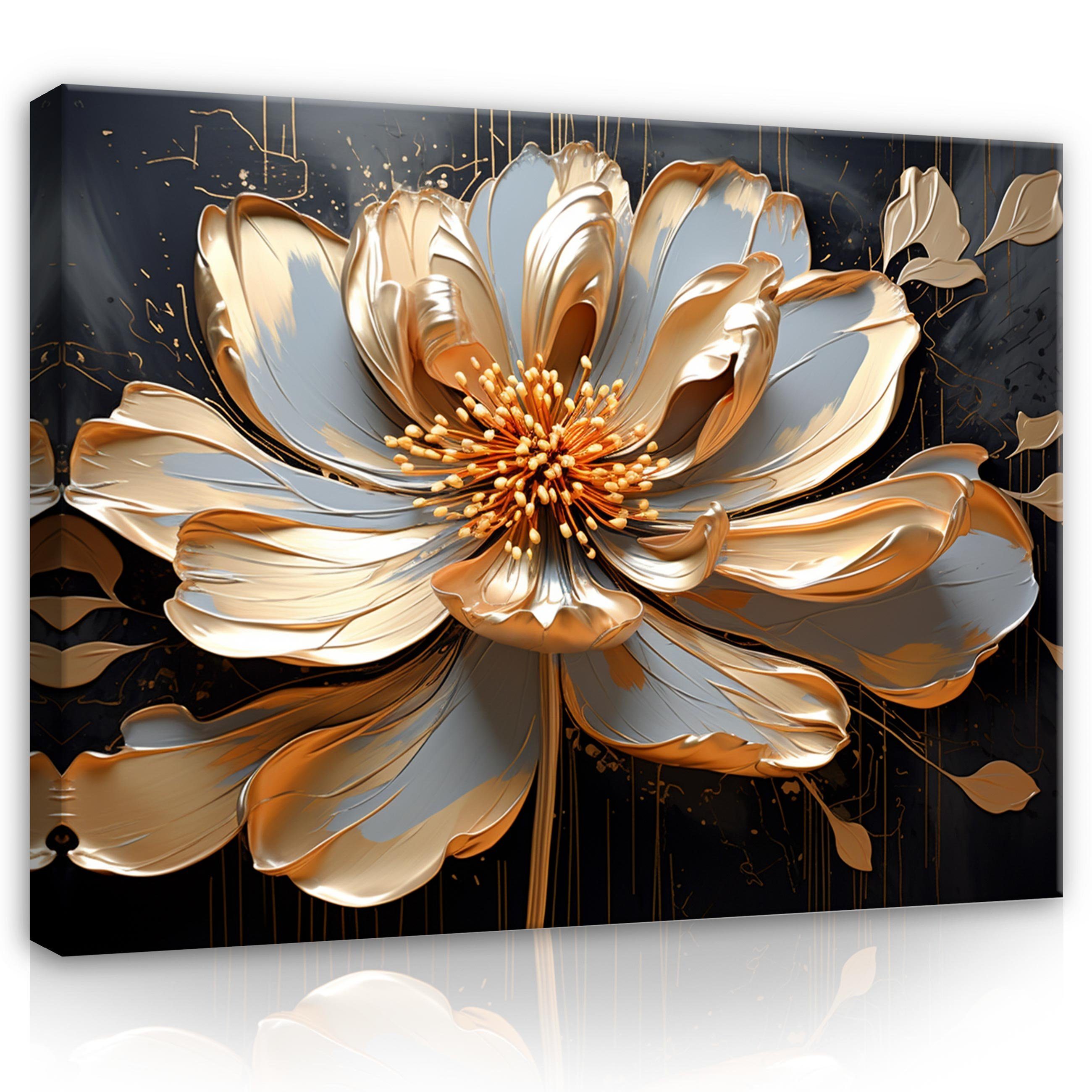 Wallarena Leinwandbild Blumen Kunst Gold Wandbild XXL Leinwandbilder Modern, Kunst (Einteilig, 1 ...