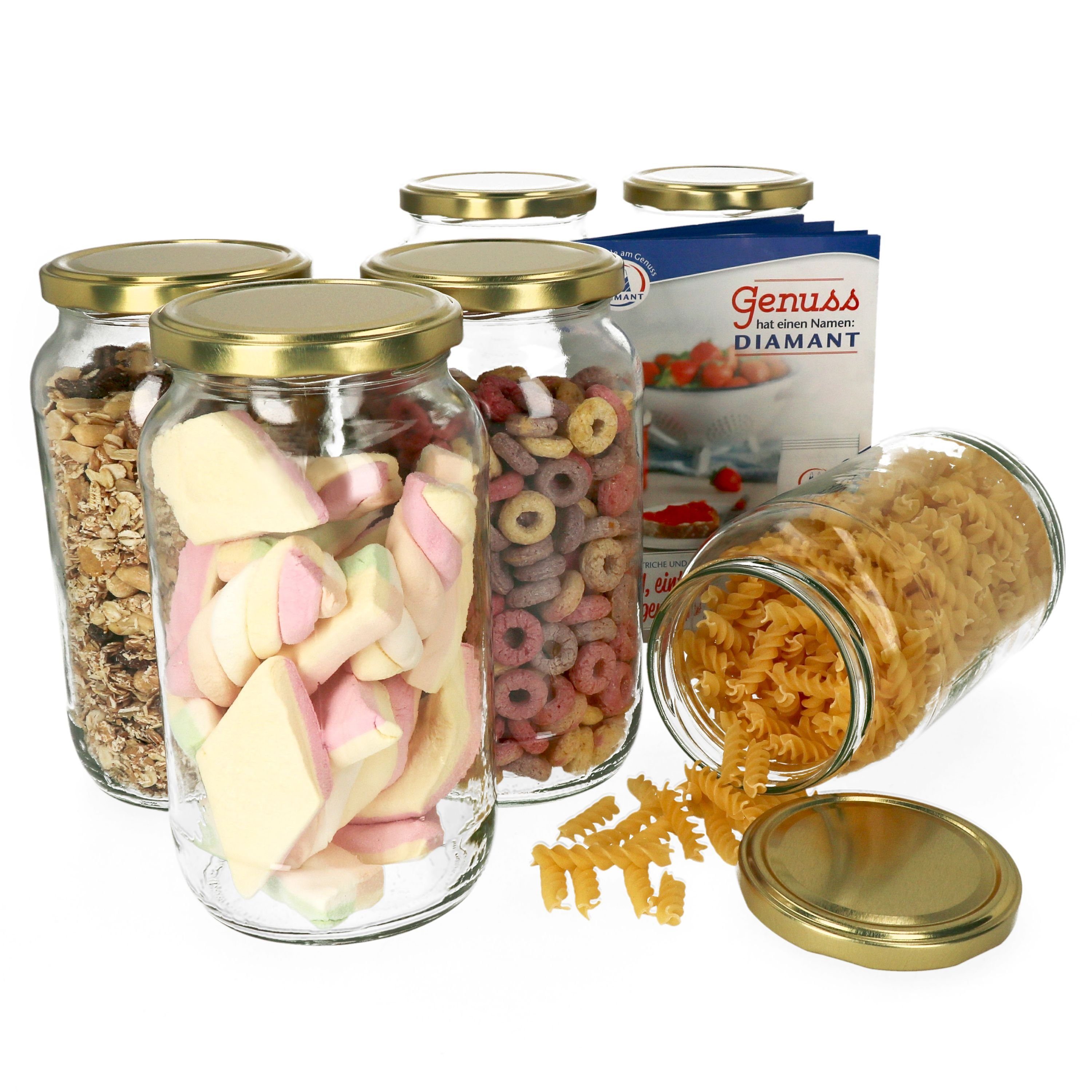 MamboCat Einmachglas 6er Set Rundglas 1062 ml To 82 goldener Deckel incl. Rezeptheft, Glas