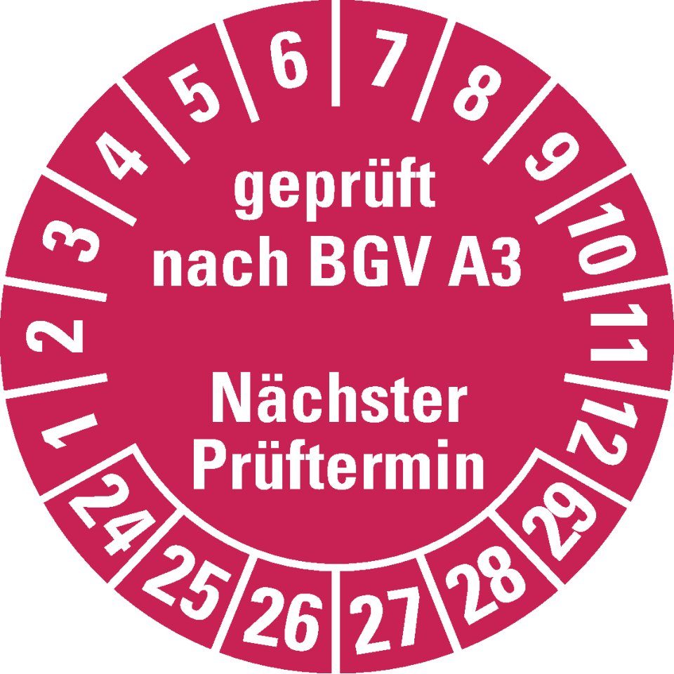 König Werbeanlagen Hinweisschild Prüfplak. gepr. BGV A3 Nä.Prüftermin 24-29,rot,Dokufolie, 500/Rolle