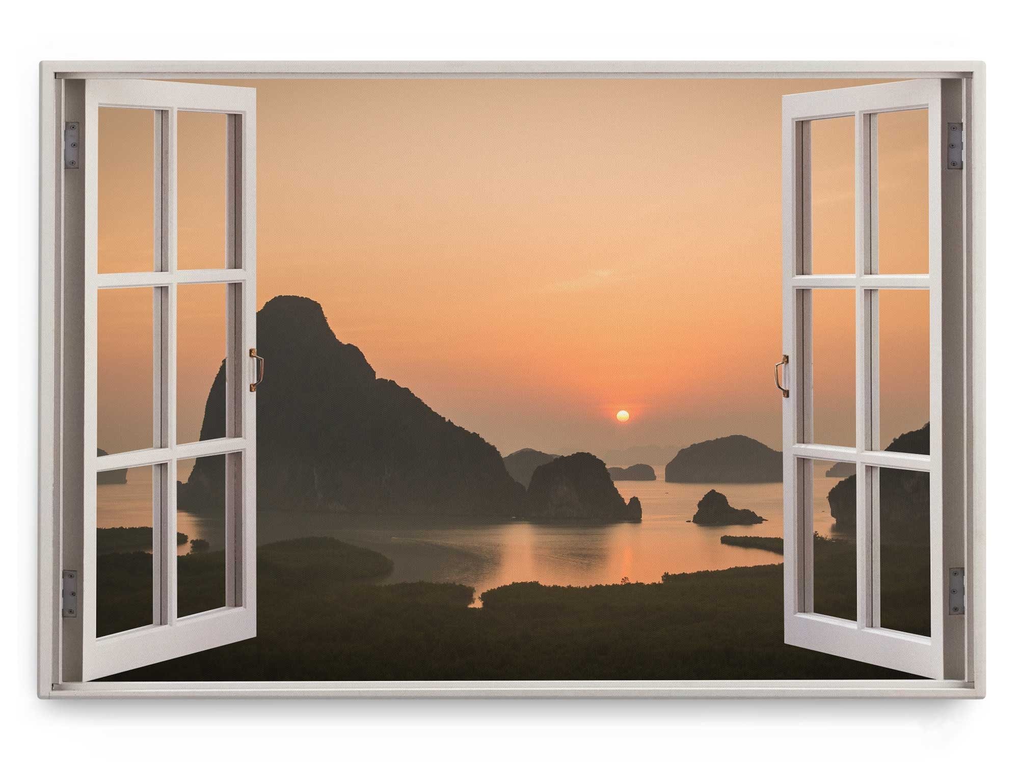 Sinus Art Leinwandbild Wandbild 120x80cm Fensterbild Sonnenuntergang Abendrot Meer Felsen Küs ...