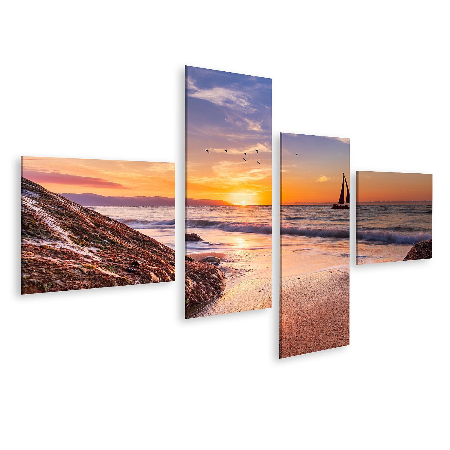 islandburner Leinwandbild Bild auf Leinwand Sonnenuntergang Möwen Meer Segelboot Vögel Segeln ...