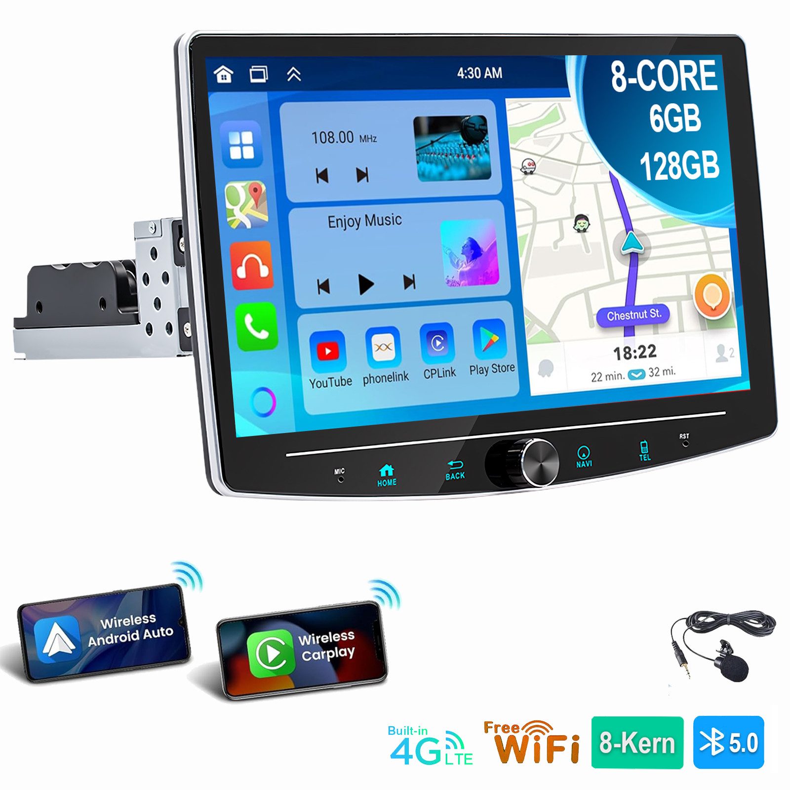 ESSGOO 6GB+128GB Android 14 Single 1 DIN 360° Drehbar Bildschirm Optionsfeld Autoradio ...