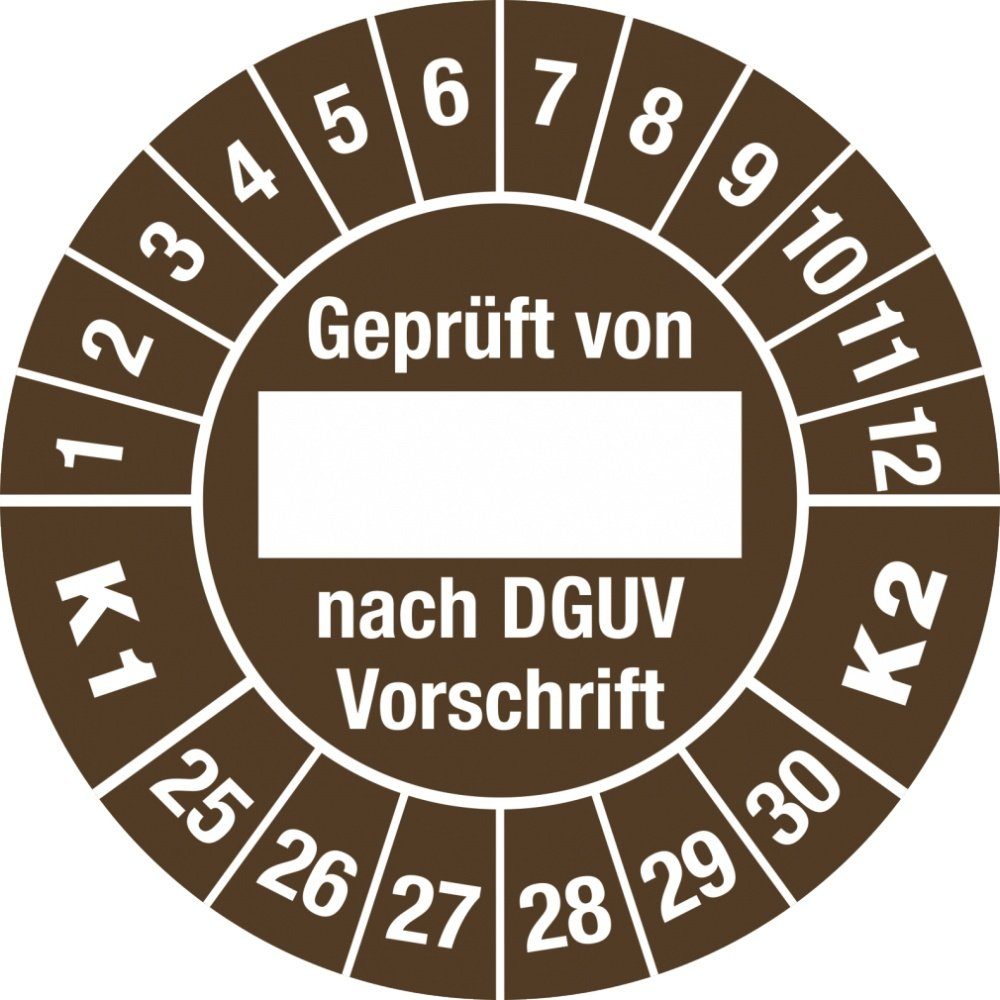 Dreifke Hinweisschild Prüfplakette Geprüft...DGUV...K1 K2, 2025 - 2030, Folie, Ø 30 mm, 10 S