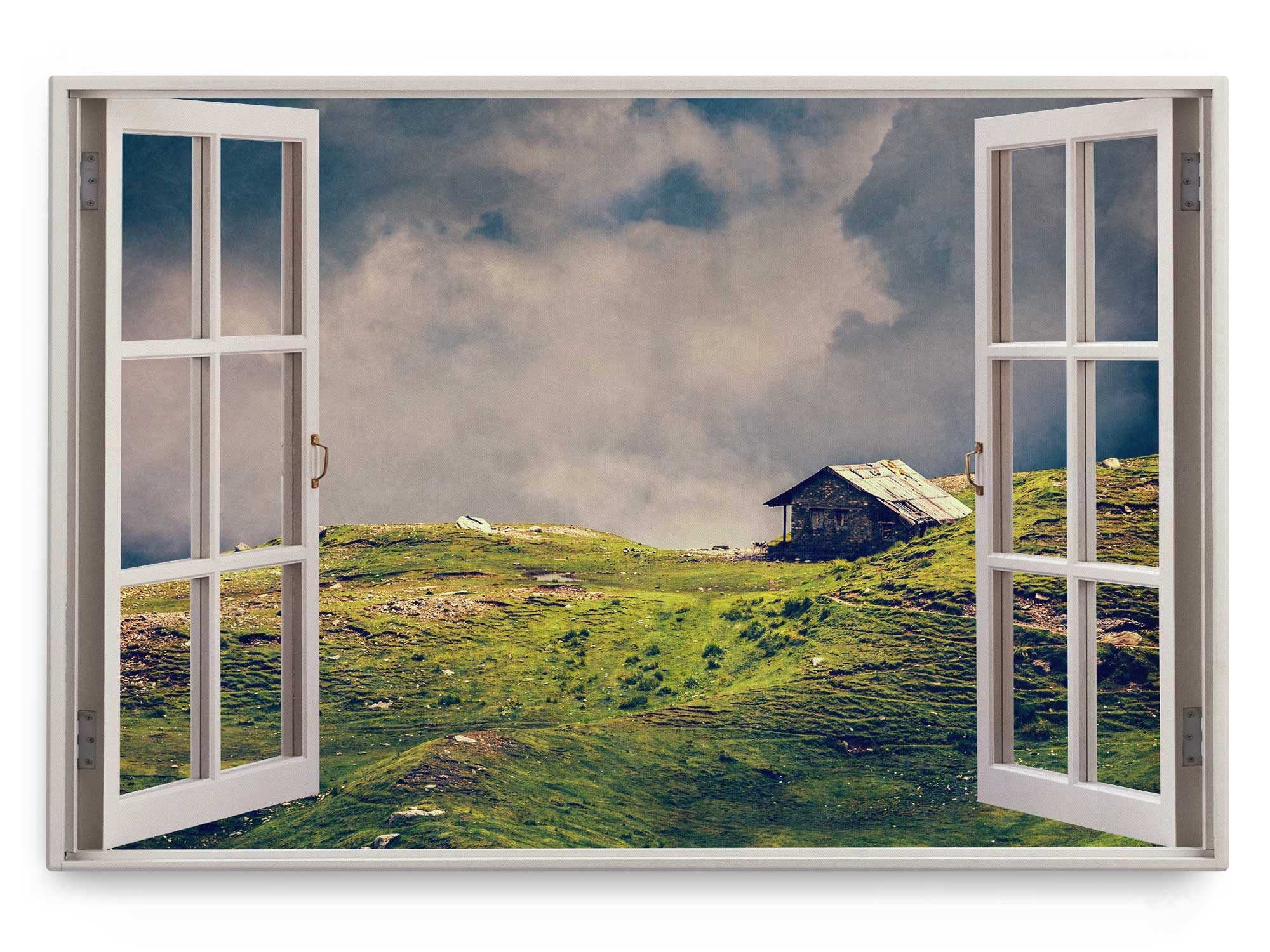 Sinus Art Leinwandbild Wandbild 120x80cm Fensterbild Alpen Berge Holzhaus Natur Wolken Scheun ...
