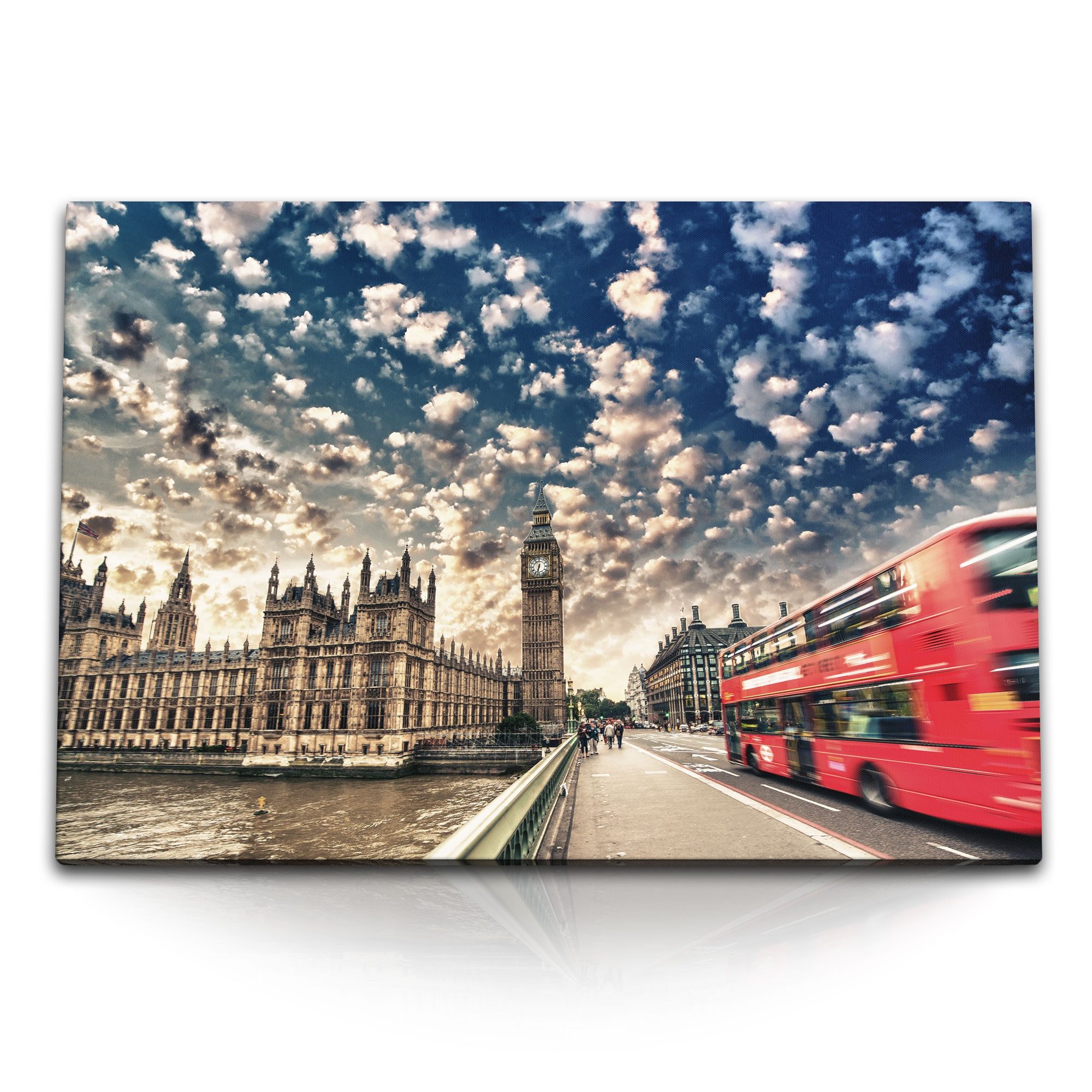 Sinus Art Leinwandbild 120x80cm Wandbild auf Leinwand London Big Ben roter Bus England Brücke ...