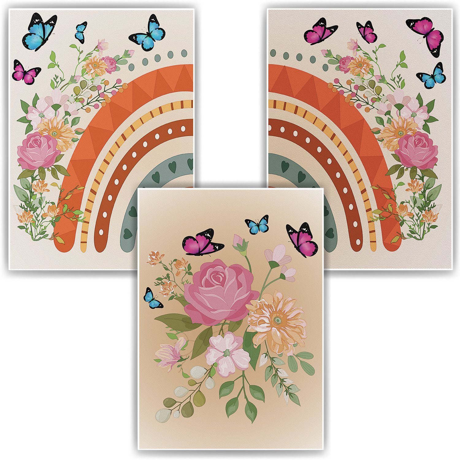 Tigerlino Poster Regenbogen Schmetterling Blumen 3er Set Kinderzimmer Wandbilder, Print