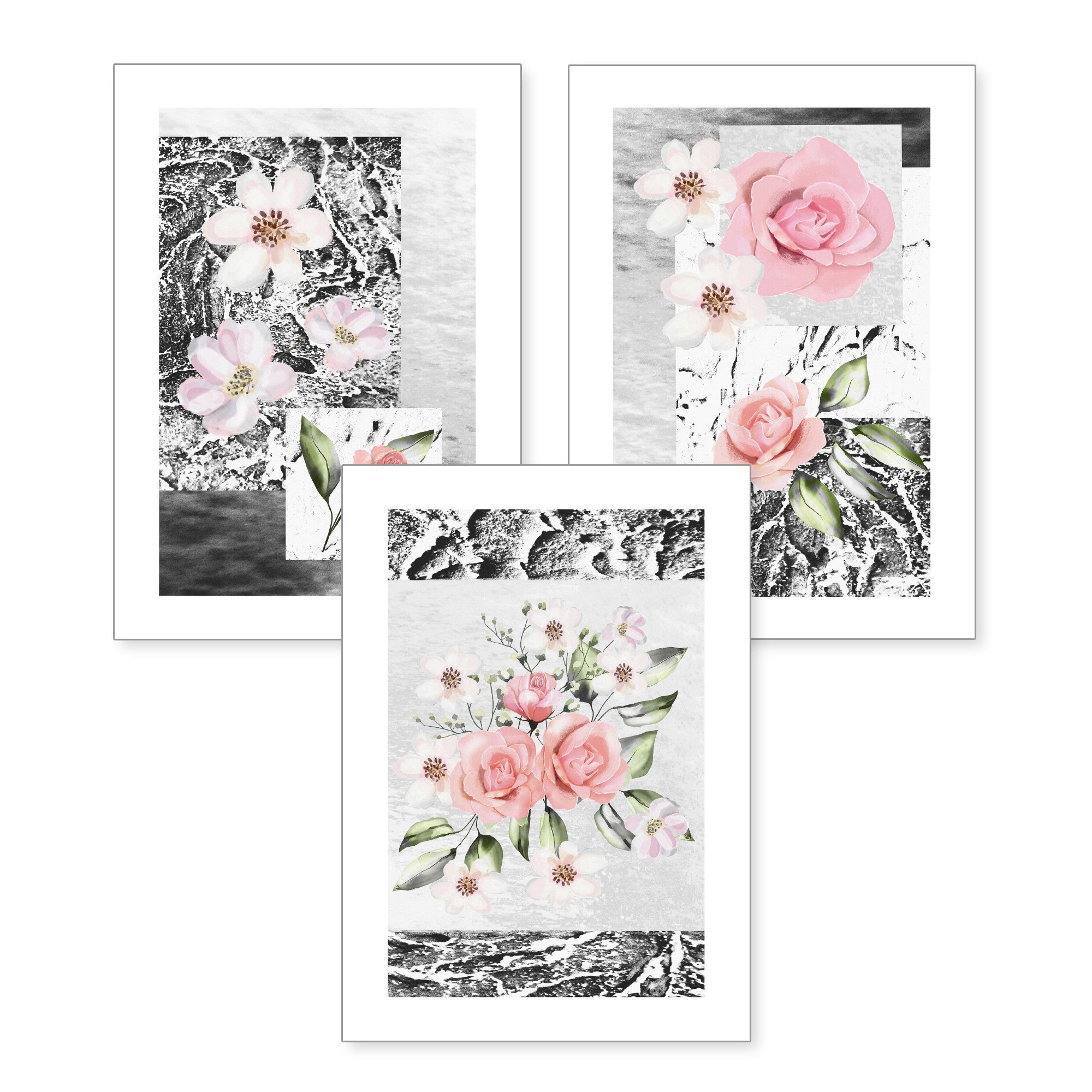 Kreative Feder Poster, Natur, Blüte, Blume, Collage, abstrakt (Set, 3 St), 3-teiliges Poster-Set ...