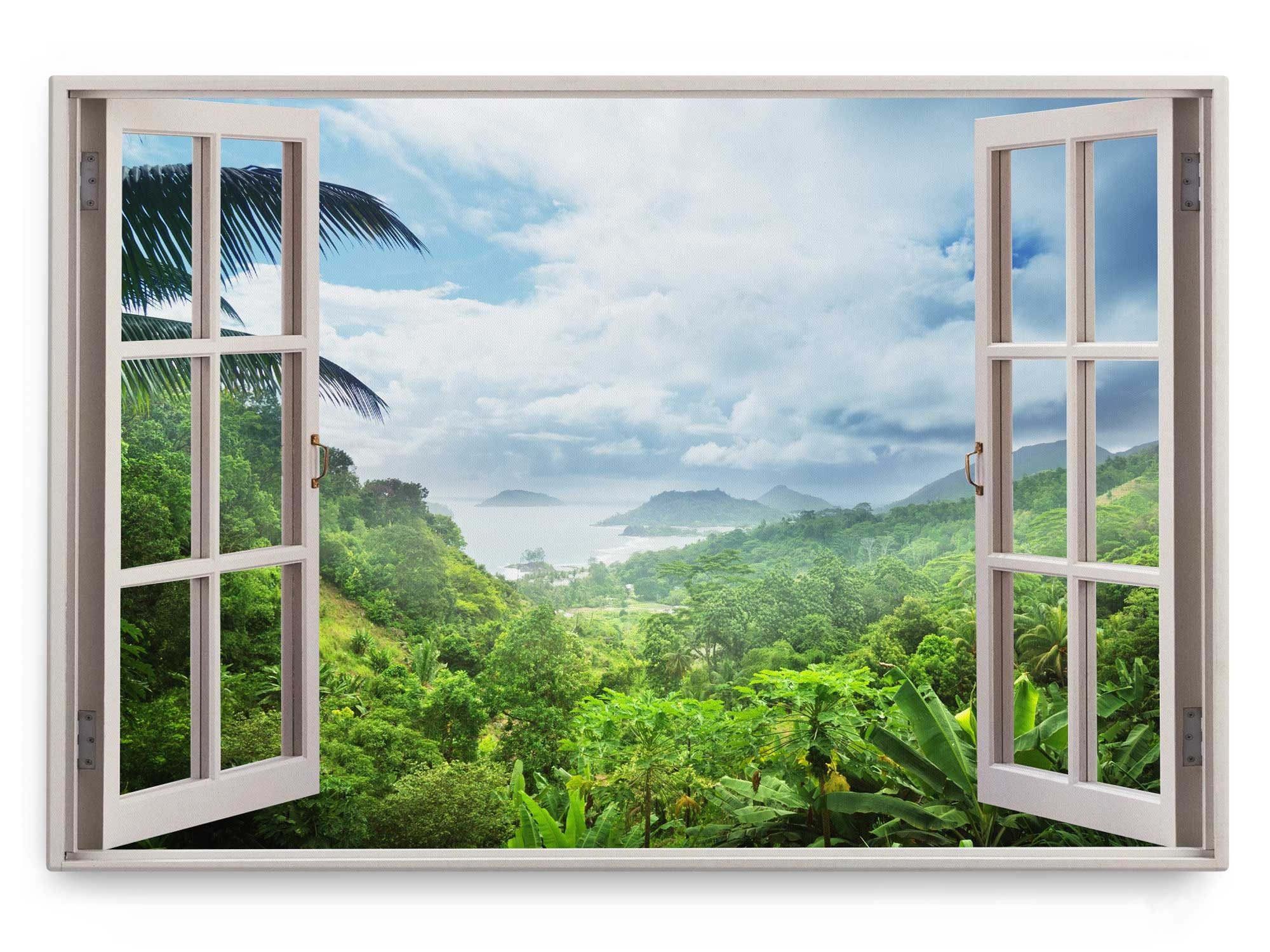 Sinus Art Leinwandbild Wandbild 120x80cm Fensterbild Tropische Insel Dschungel Meer Grün Palm ...