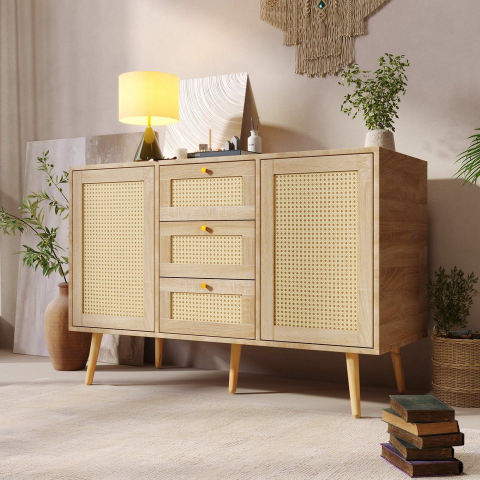 Odikalo Kommode Sideboard 2 Türen 3 Schubladen Rattan Eiche Verstellbar