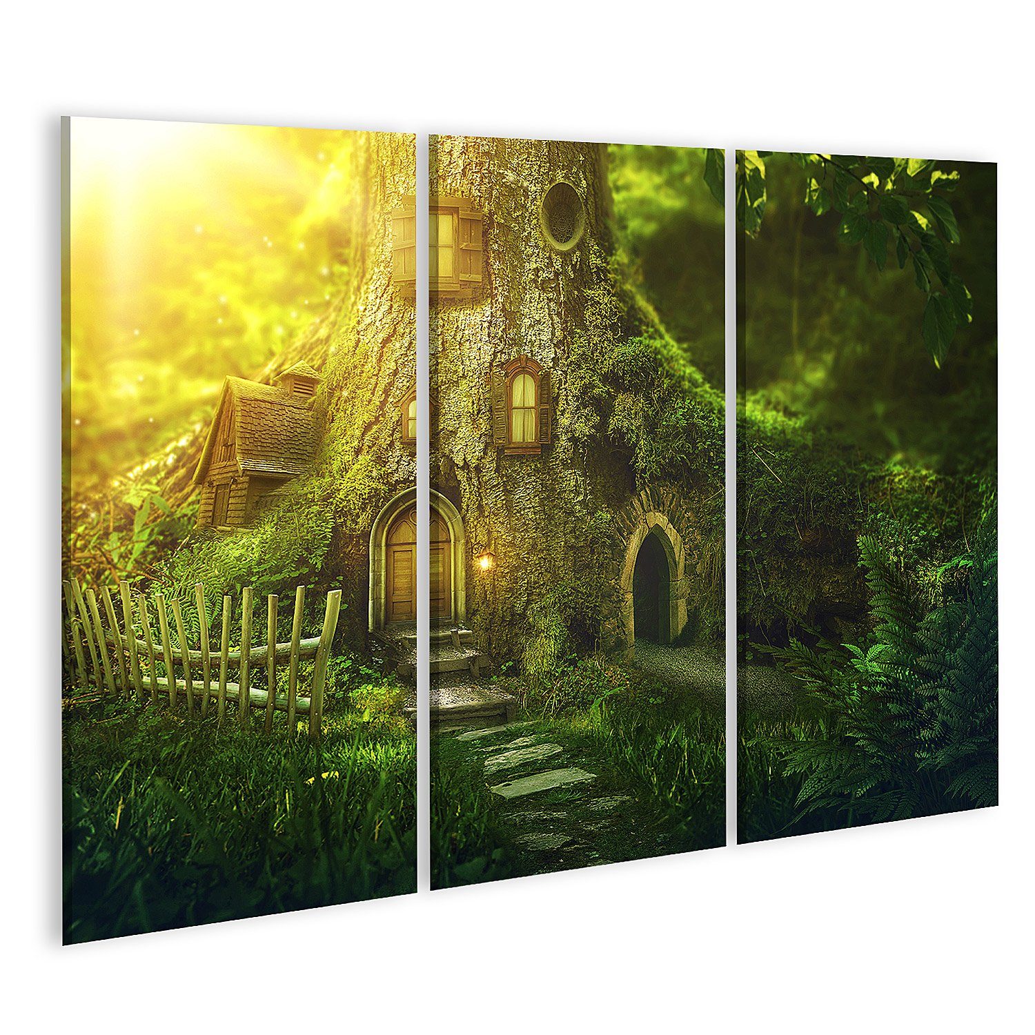 islandburner Leinwandbild »Bild auf Leinwand Fantasie Baumhaus Tiefen Wald Wandbild Poster ...