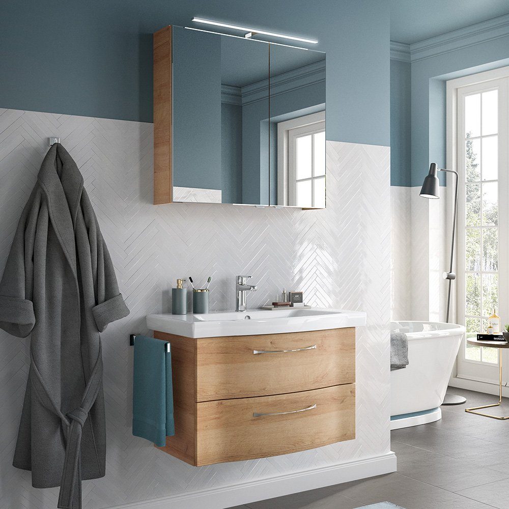 Lomadox Badmöbel-Set SOLINGEN-66, (Spar-Set, 2-St), 82cm mit LED Beleuchtung in Riviera Eiche ...