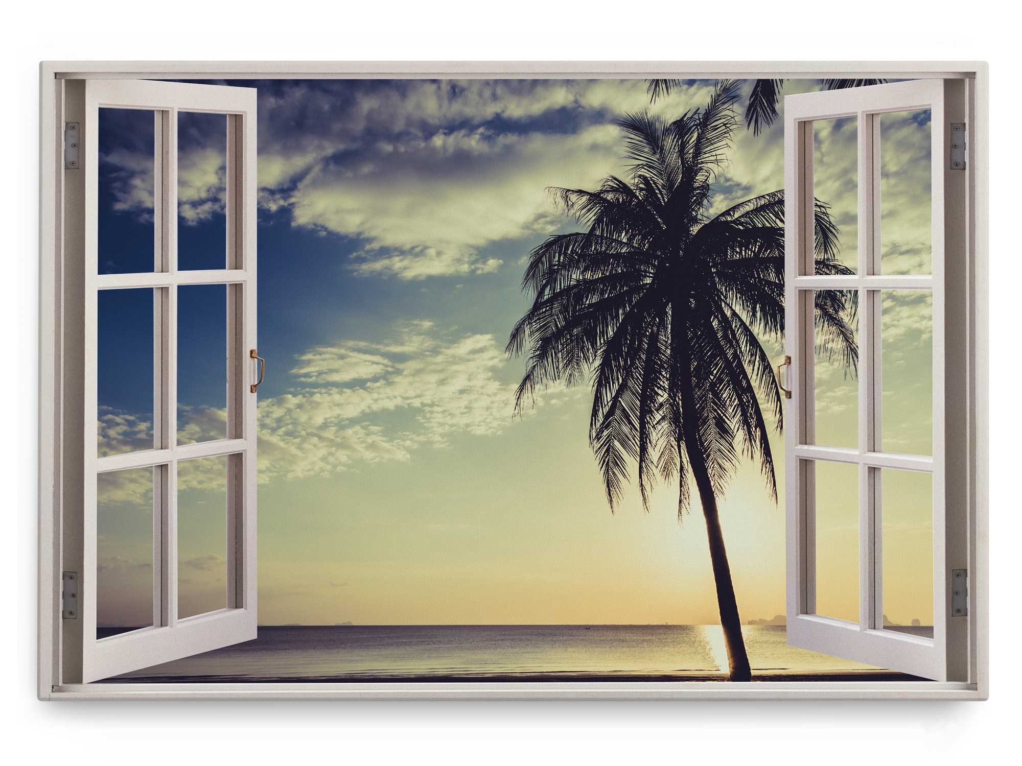 Sinus Art Leinwandbild Wandbild 120x80cm Fensterbild Palme Strand Traumstrand Sommer Horizont ...