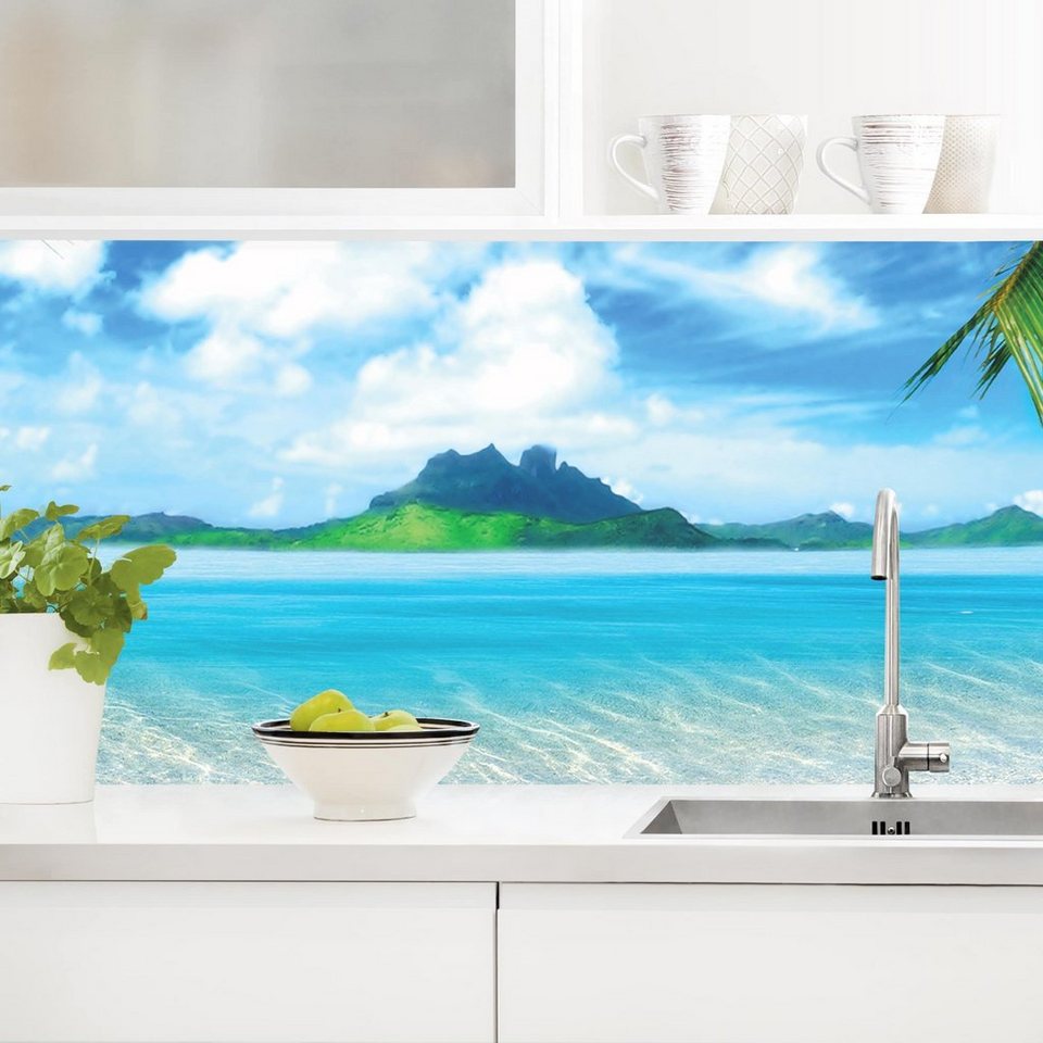 Bilderdepot24 Küchenrückwand Blau Dekor Botanik Tropisch Natur Strand