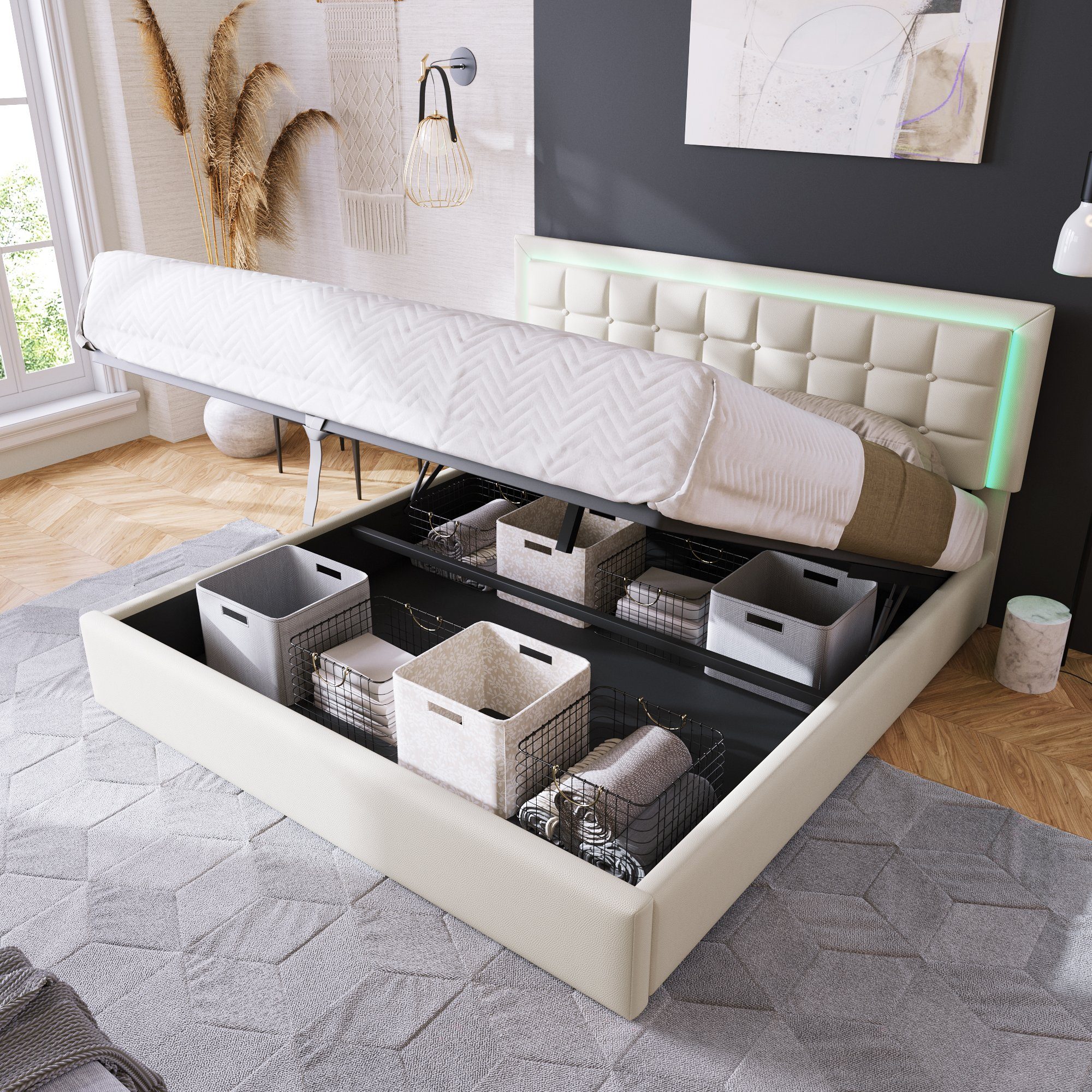 Redom Polsterbett Leder Doppelbett Bett Funktionsbett Hydraulisch Mit