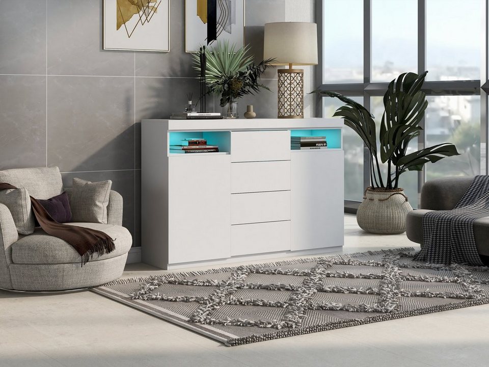 Okwish Sideboard Moderne Led Kommode Küchenschrank Highboard Weiß