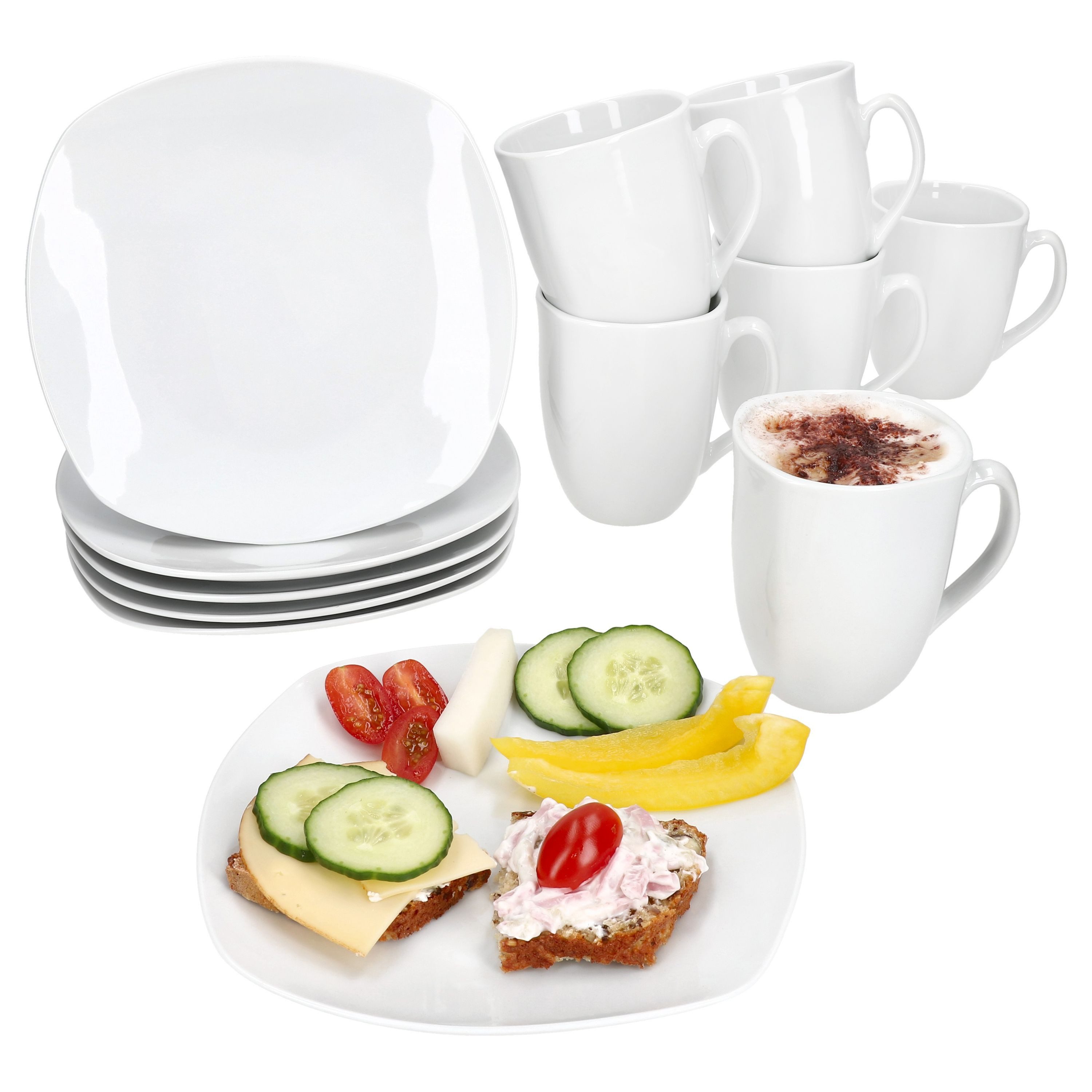 MamboCat Frühstücks-Geschirrset 12tlg Frühstücksset Lotta weiß Porzellan 6 Personen, Porzellan