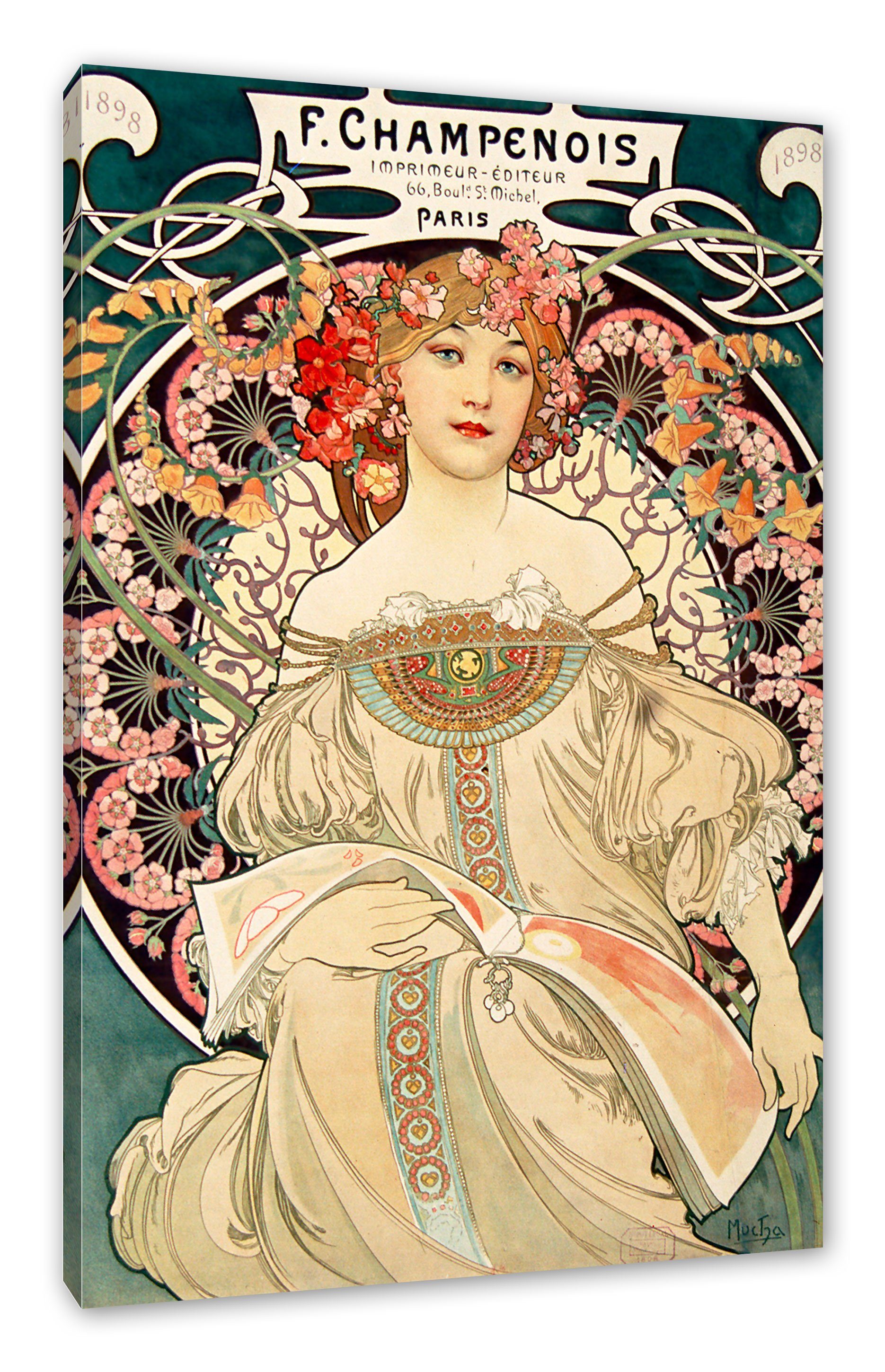 Pixxprint Leinwandbild Alfons Mucha - Frau umringt von Blumen, Alfons Mucha - Frau umringt von ...