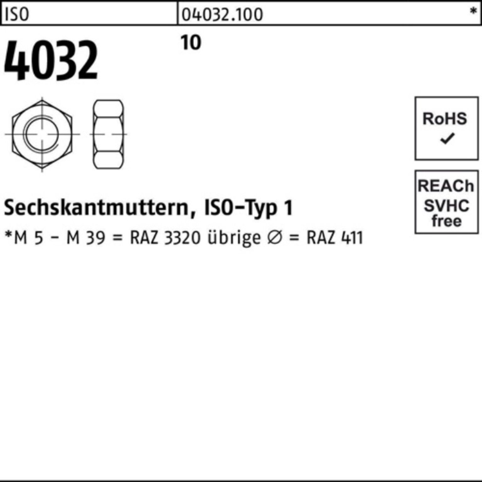 Bufab Muttern 100er Pack Sechskantmutter ISO 4032 M22 10 50 Stück ISO ...