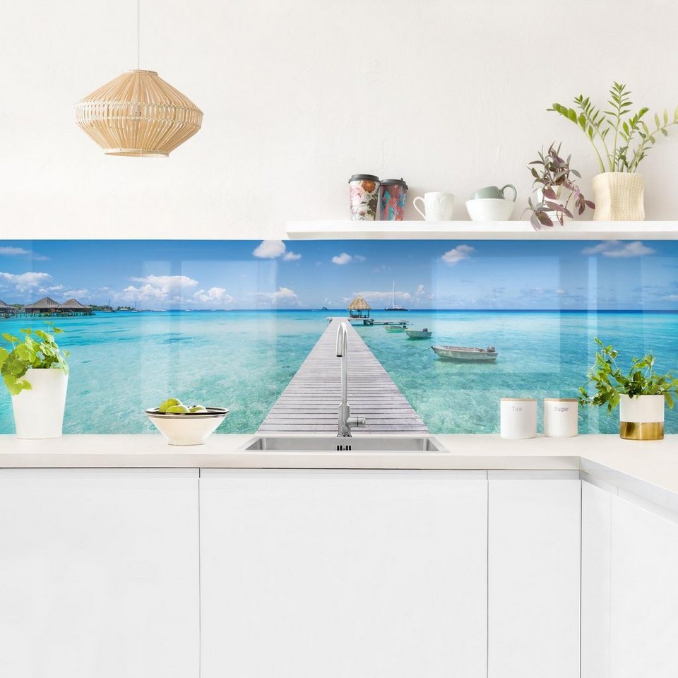 Bilderdepot24 Küchenrückwand Türkis Dekor Botanik Tropisch Natur Strand