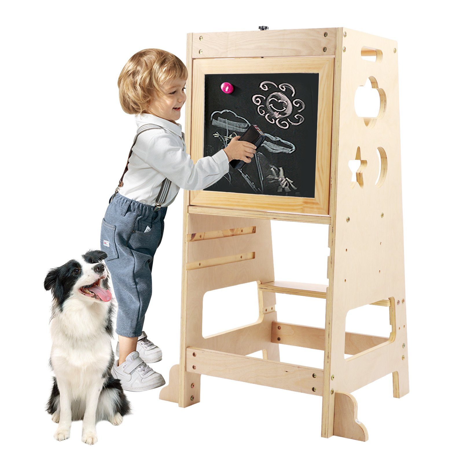 OUNUO Stehhilfe Stehhilfe Lernturm für Kinder mit 2 wiederbeschreibbaren Tafeln, Holz, aus Holz ...