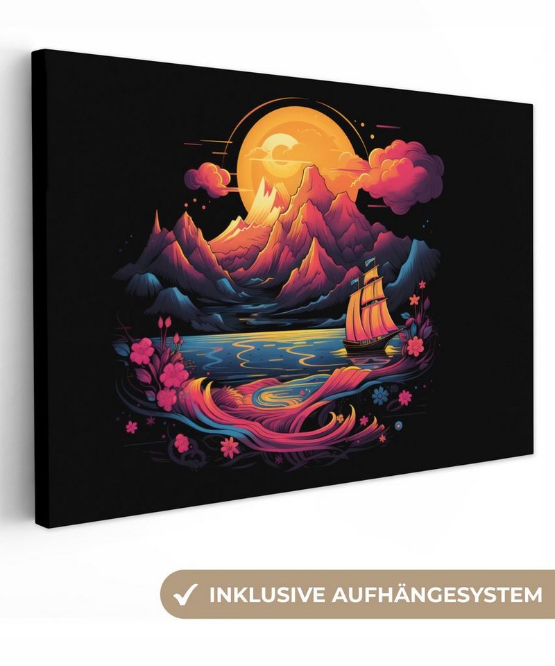 Onemillioncanvasses® Leinwandbild Retro Boot Berge Sonne