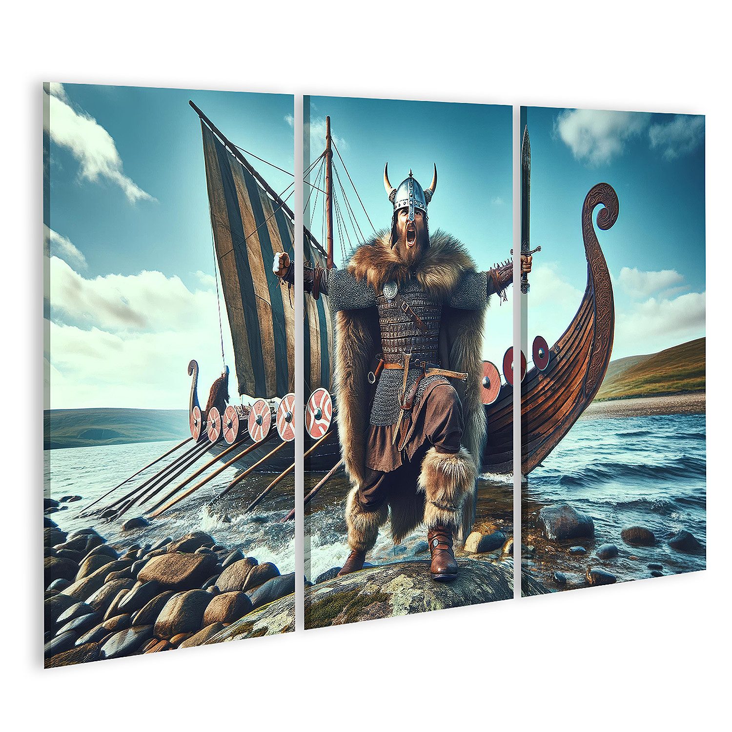 islandburner Leinwandbild Grimmiger Wikinger schreiend mit erhobener Axt