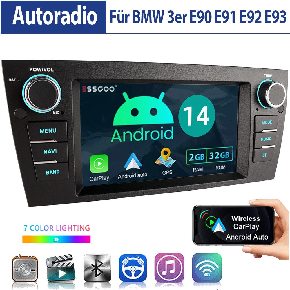ESSGOO 7'' Android 14 GPS BT RDS WIFI USB Für BMW 3er E90 E91 E92 E93 Autoradio (AM, FM, RDS ...